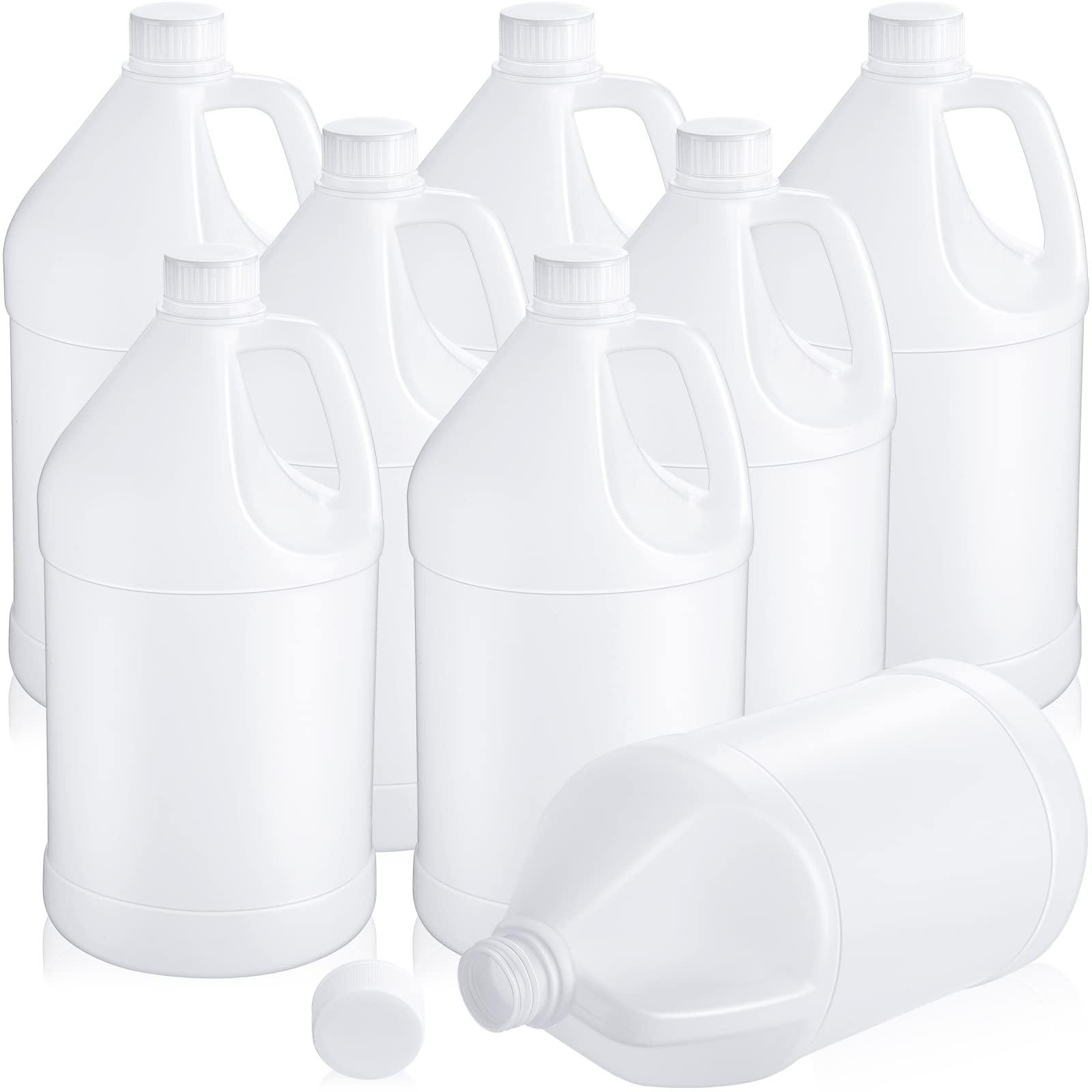 Gerrii 8PCS 1 Gallon Plastic Jug with Cap Reusable Empty Plastic Bottles and Lids Round Storage Containers with Handle for Water Sauces Soaps Detergents Liquids, transparent