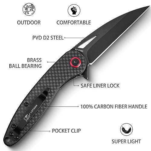 LOTHAR Seagull EDC Pocket Knife with Carbon Fiber Handle and 3" D2 Knife Blade, Ultra Light 2.2oz and Razor Sharp, Slim Pocket Knife Small Folding Utility Knife Mini Box Cutter for Men Women
