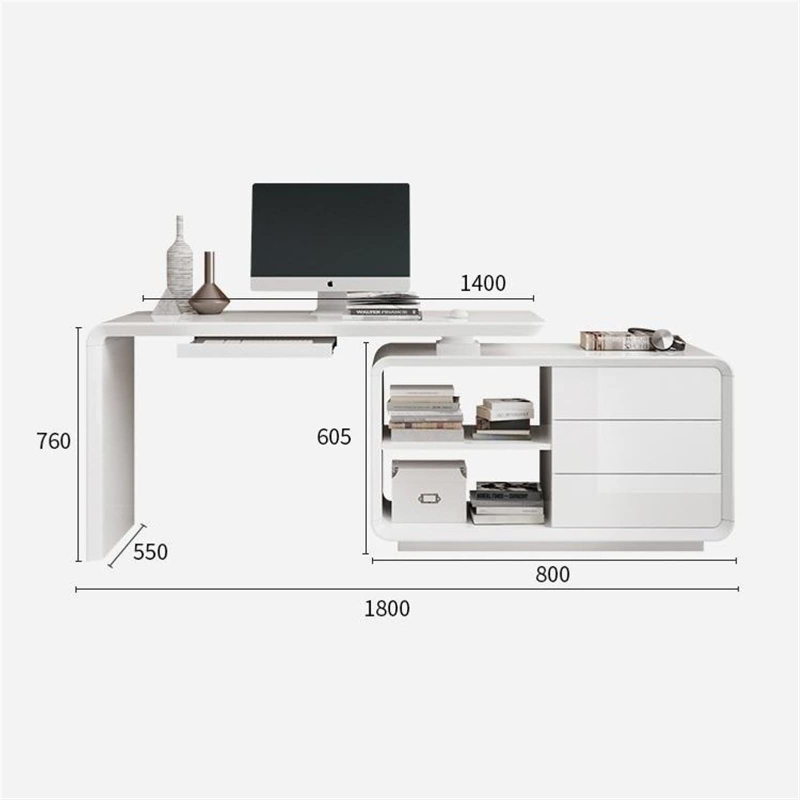 GRFIT Compuer Desk Modern Stylish Multifunctional PC Desk White Corner Table with Bookshelves and Drawers Laptop Workstation Writing Desk with Keyboard Tray PC Desk