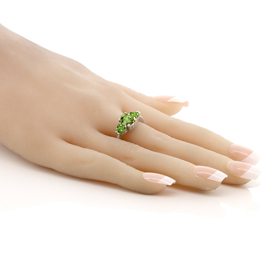 Gem Stone King 925 Sterling Silver Green Peridot 3-Stone Ring for Women (2.11 Cttw, Oval 8X6MM, Gemstone Birthstone, Available in size 5, 6, 7, 8, 9)