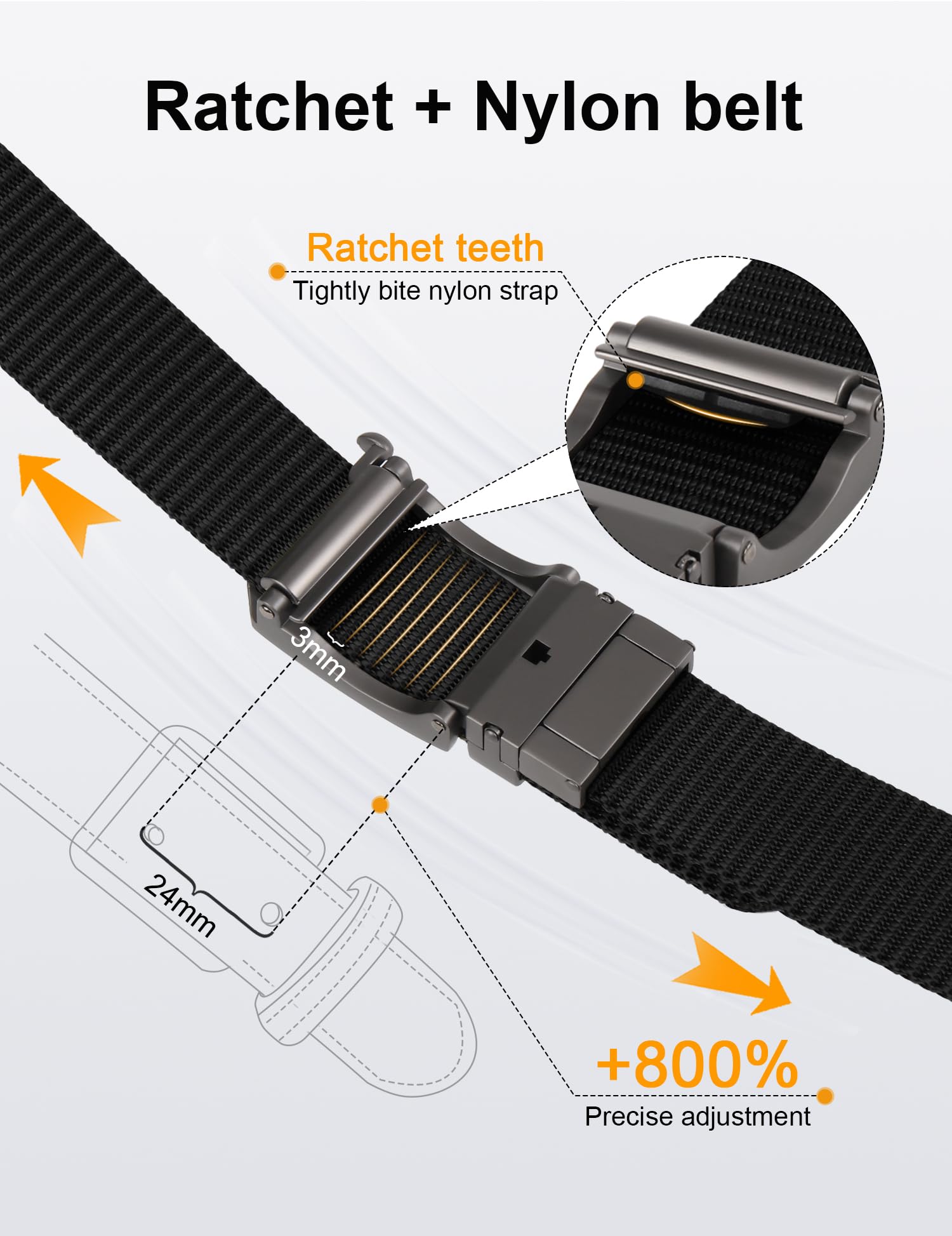 JUKMO Reversible Ratchet Belt, Nylon Web Tactical Work Belt with Automatic Slide Buckle (Grey/Black, Medium-for Waist 38"-42" (Length 49"))
