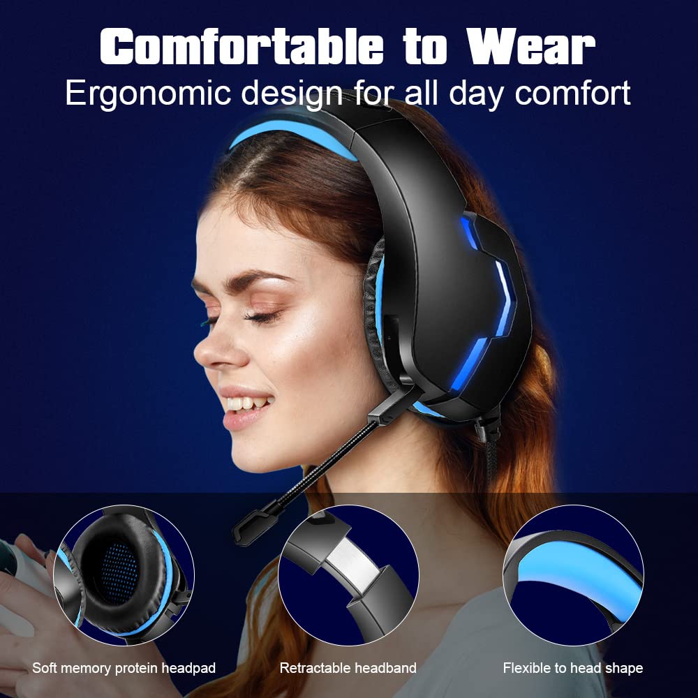 Kicoeon Gaming Headset with Microphone for PC PS4 PS5 Xbox One, Gaming Headphones 7.1 Surround Sound, Soft Memory Earmuffs, LED Light, Lightweight Over Ear Headset Wired for Switch Mac Laptop