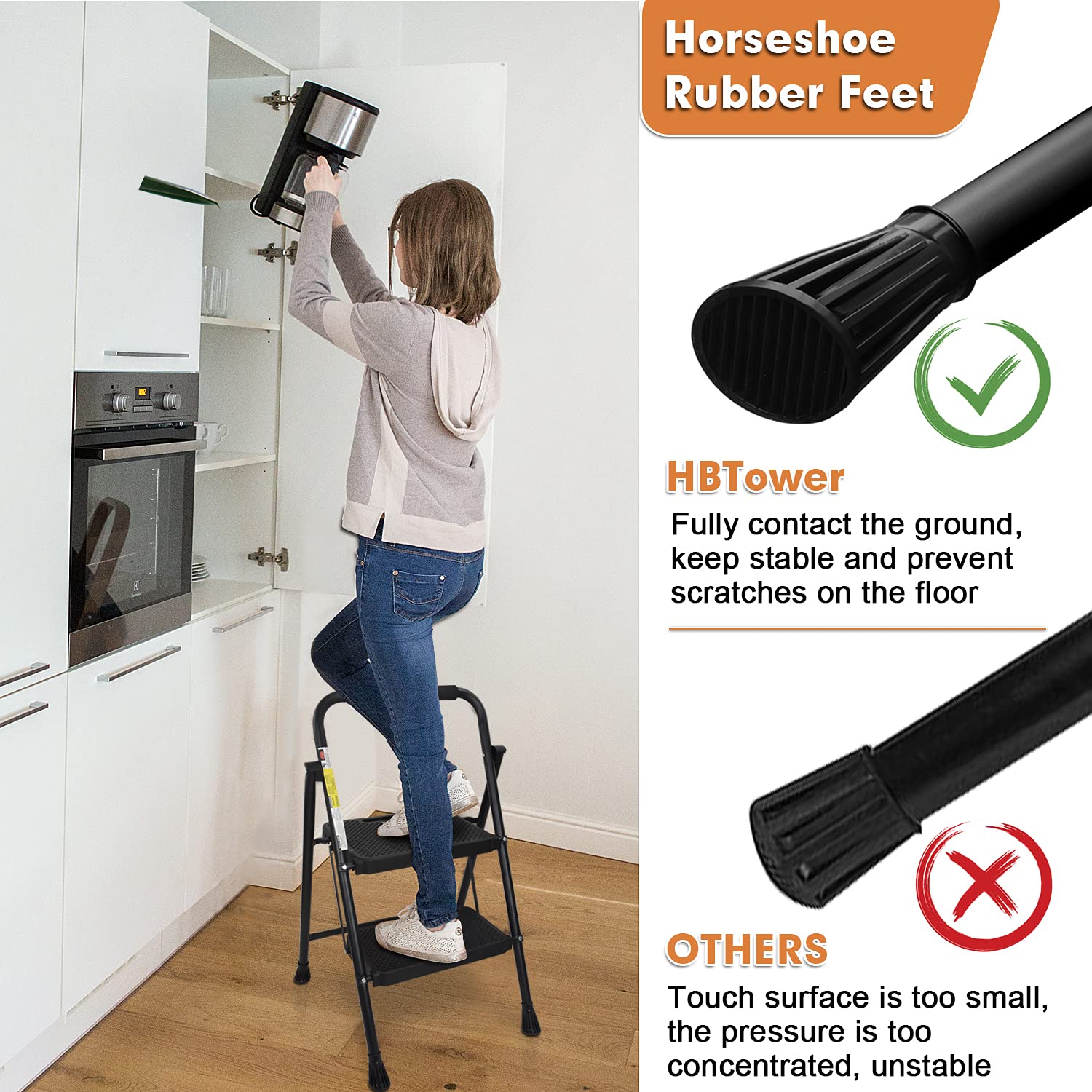 HBTower 2 Step Ladder, 500 lbs Folding Step Stool with Anti-Slip Wide Pedals, Sturdy Steel Ladder, Convenient Handgrip, Lightweight Portable Step Stool Black