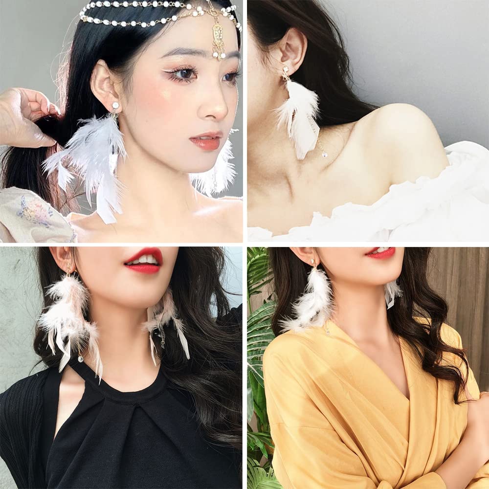 Jemant White Feather Earrings For Women Boho Style Long Faux Pearl Tassel Chain Cubic Zirconia Dangle Drop Aesthetic Elegant Black Feather Earrings For Bride Mothers Wife (White)
