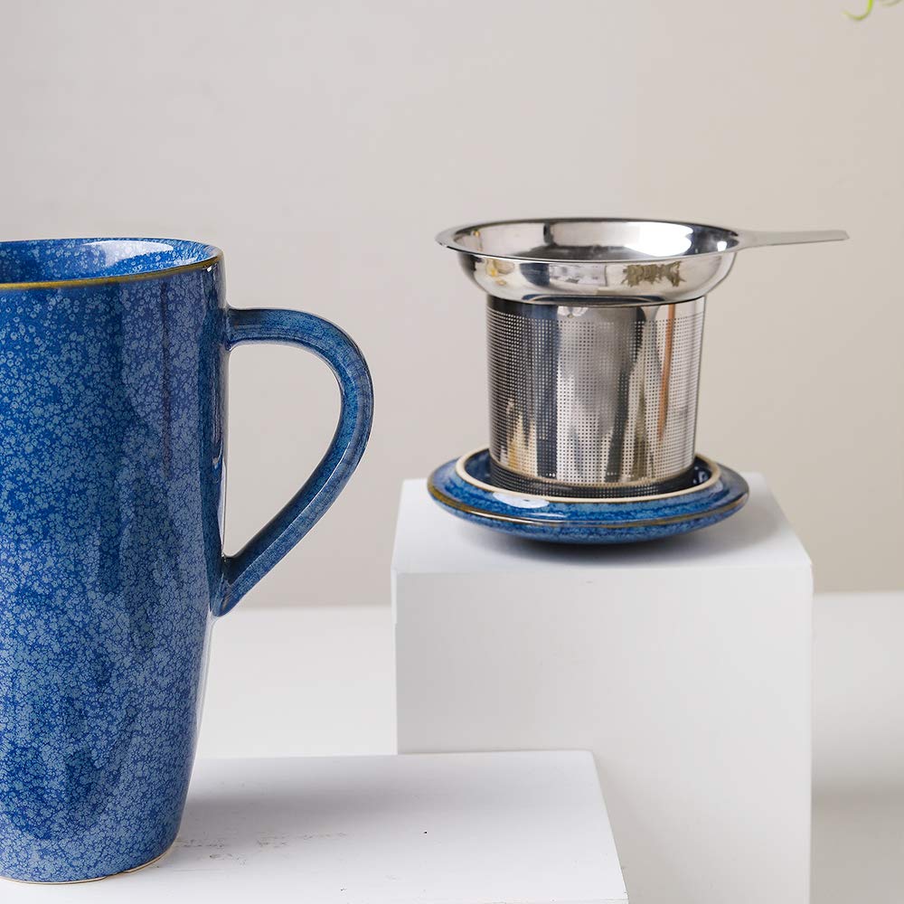 KOOV Porcelain Hot Tea Cup with Infuser and Lid, 18 OZ Tea Mug with Lid, Tea Infuser Mug, Tea Steeper for Loose Tea Mug, Steeping Tea Cup (Reactive Blue)