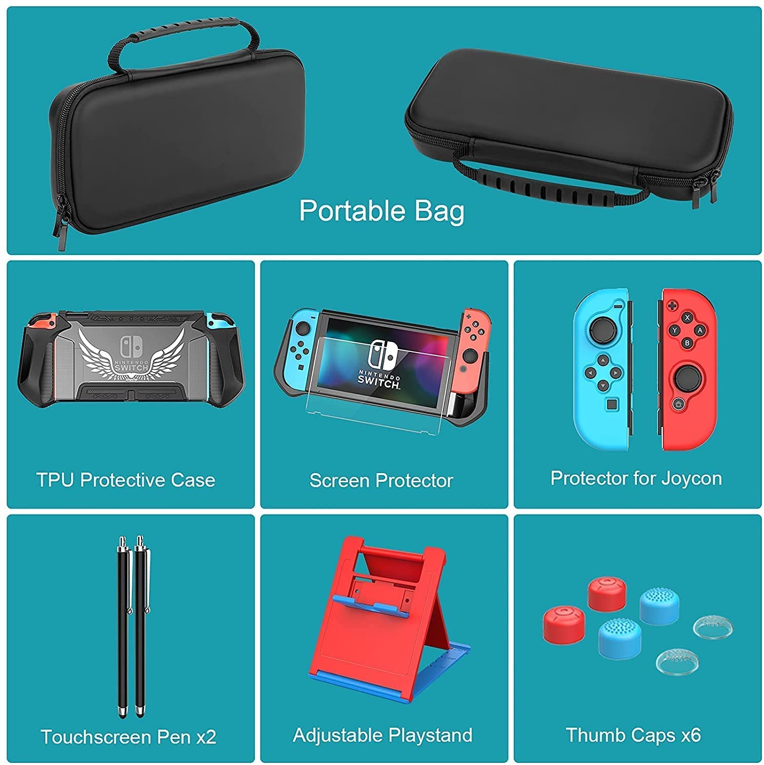 HEYSTOP Carry Case Compatible with Nintendo Switch, Upgraded 14 in 1 Switch Accessories Include Travel Case, TPU Protective Case, Screen Protector, Grip Case, Playstand, Touchscreen Pen and Thumb Cap