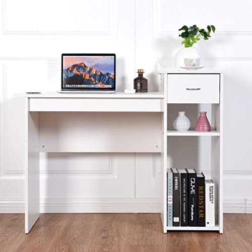 Home Office Bedroom Dorm Living Room Classic Furniture Decor Computer Writing Table Laptop CPU Multifunction Desk with Shelf and Drawer Sturdy White Wood Large Capacity Storage Easy Assembly