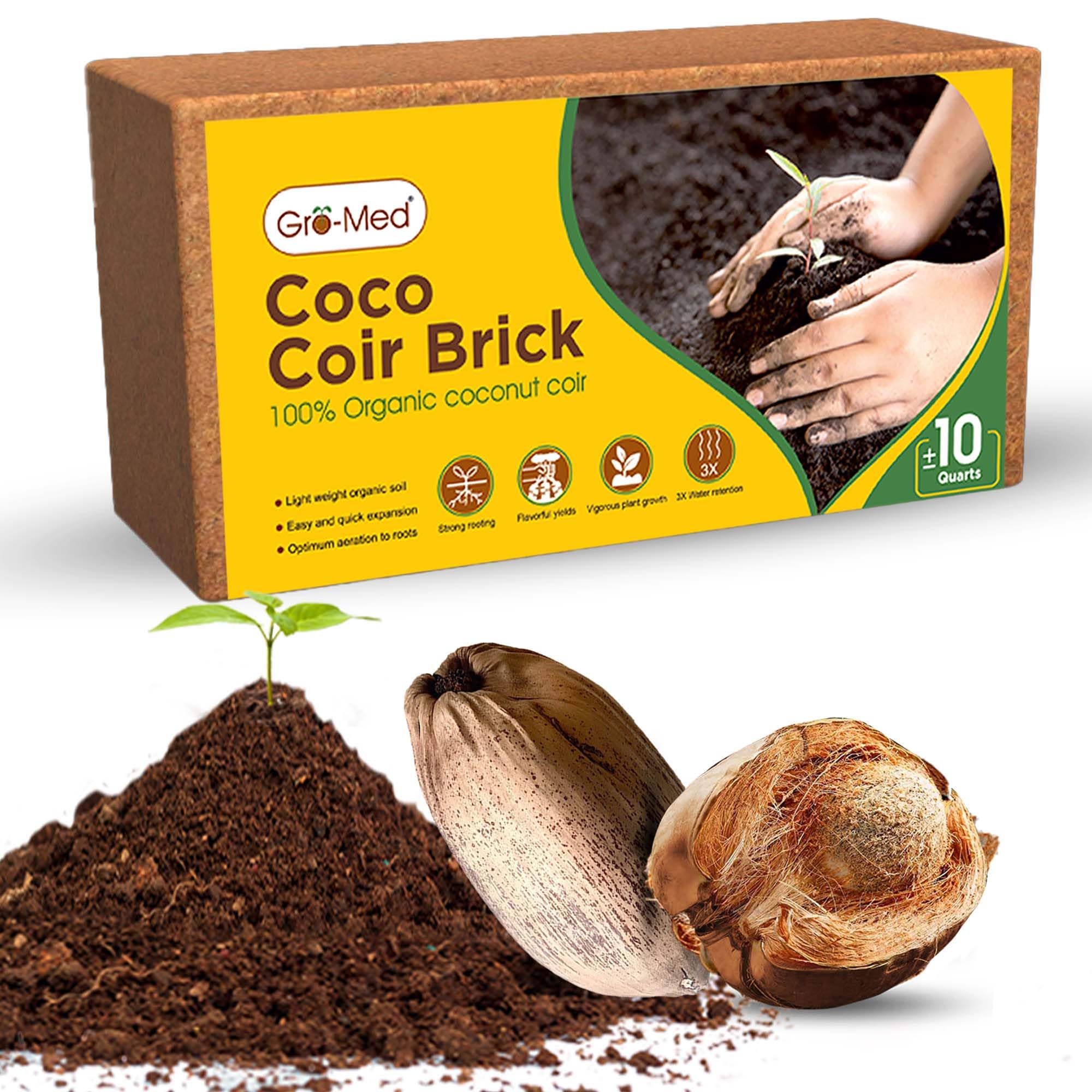 Gro-Med Organic Coconut Coir Brick Expands Upto 10 Quarts - Best for Gardening, Seed Starter, Potting Soil Mix - 1.4 lb Compressed Coir for Flowers, Herbs, Vegetables - OMRI Listed Low EC Balanced pH