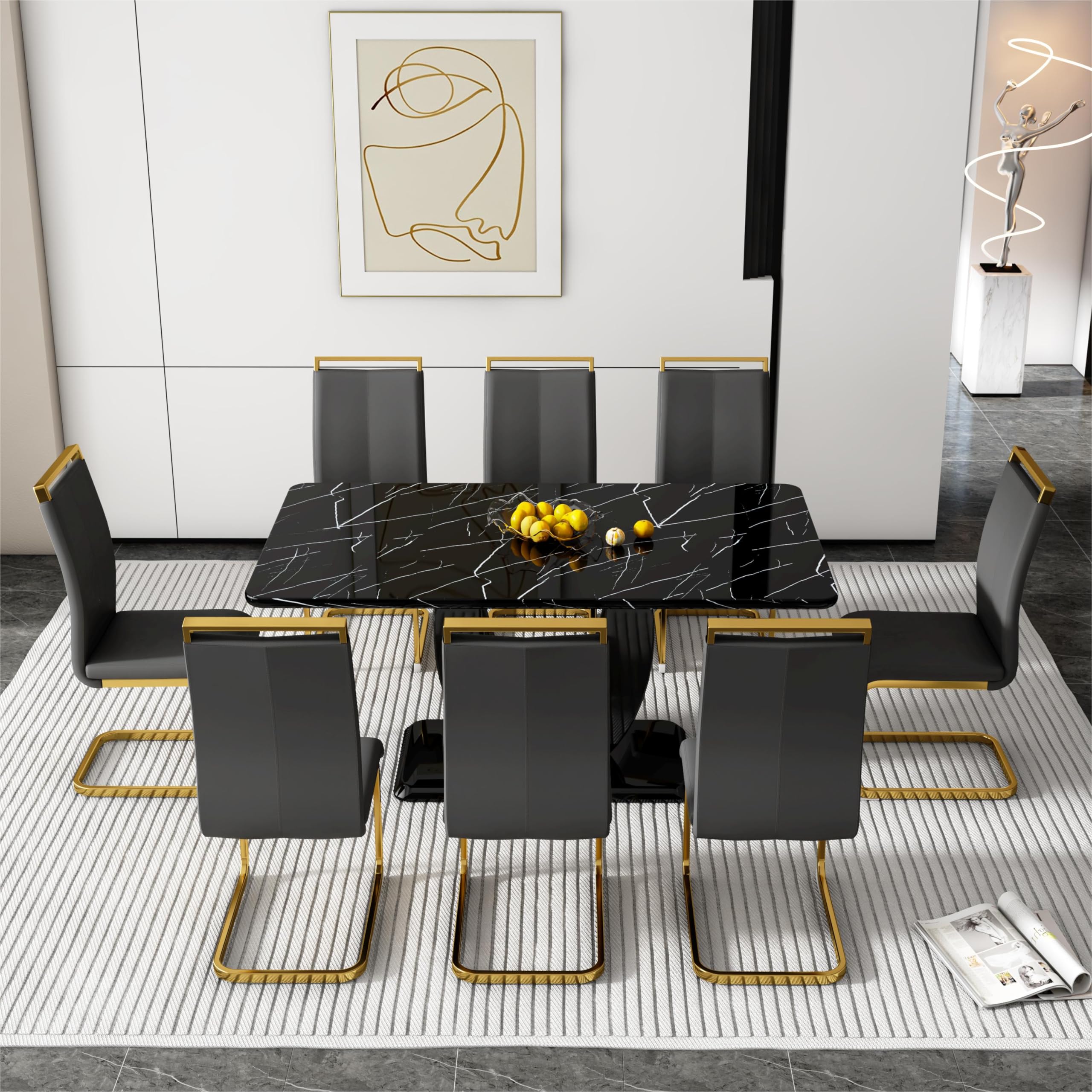 HAIZAO 63 inch Marble Dining Table Set for 8, Black Marble Grain Finish Tabletop Dining Table with MDF Base, PU Faux Leather Chairs with Golden Metal Legs, for Dining Room Kitchen, Black