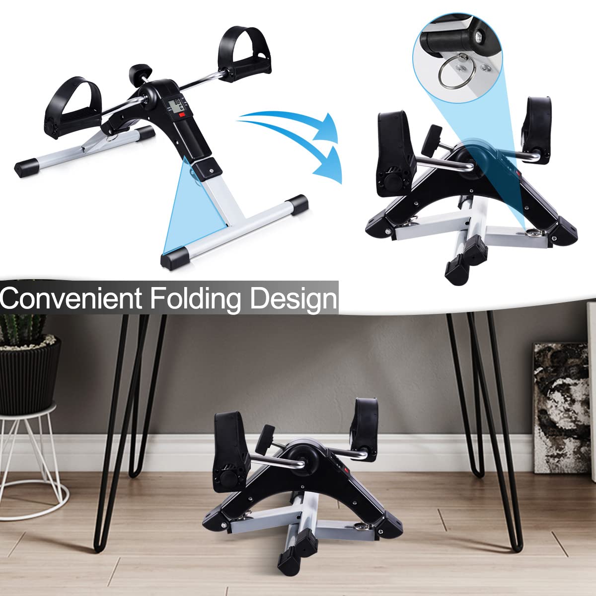 GYMAX Under Desk Bike Pedal Exerciser, Folding Mini Foot/Arm/Leg Pedal Exerciser with LCD Monitor & Adjustable Resistance, Fully Assembled Floor Pedal Exerciser