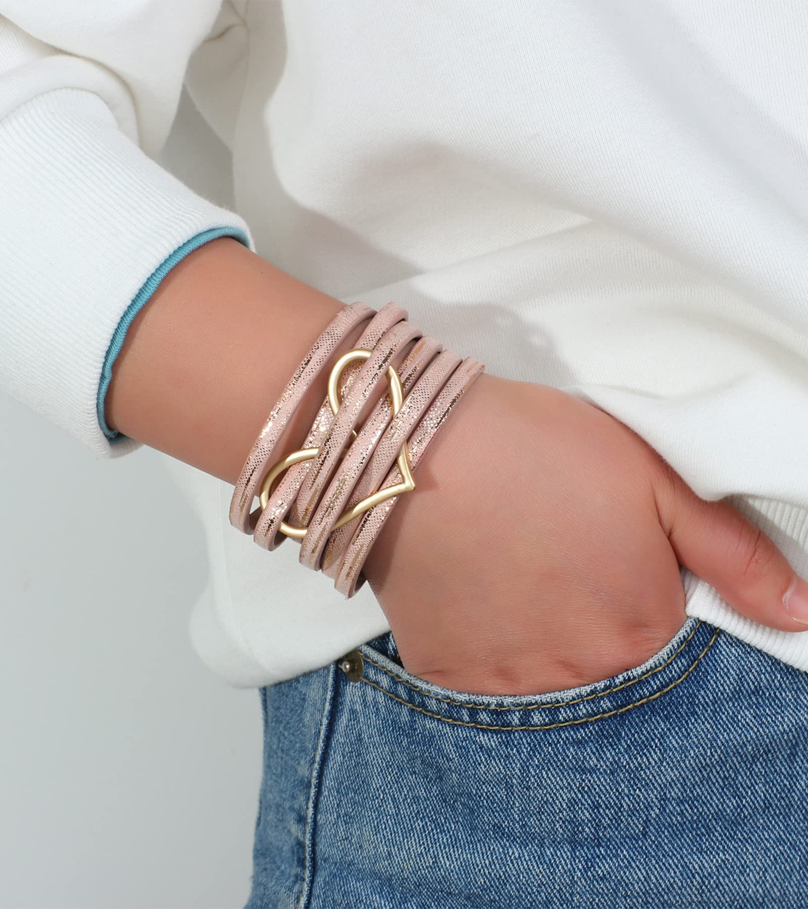hotoo Pink Leather Wrap Bracelets for Women Boho Bracelet Heart Aesthetic Cuff Friendship Multi-layer Christmas Gifts for Her