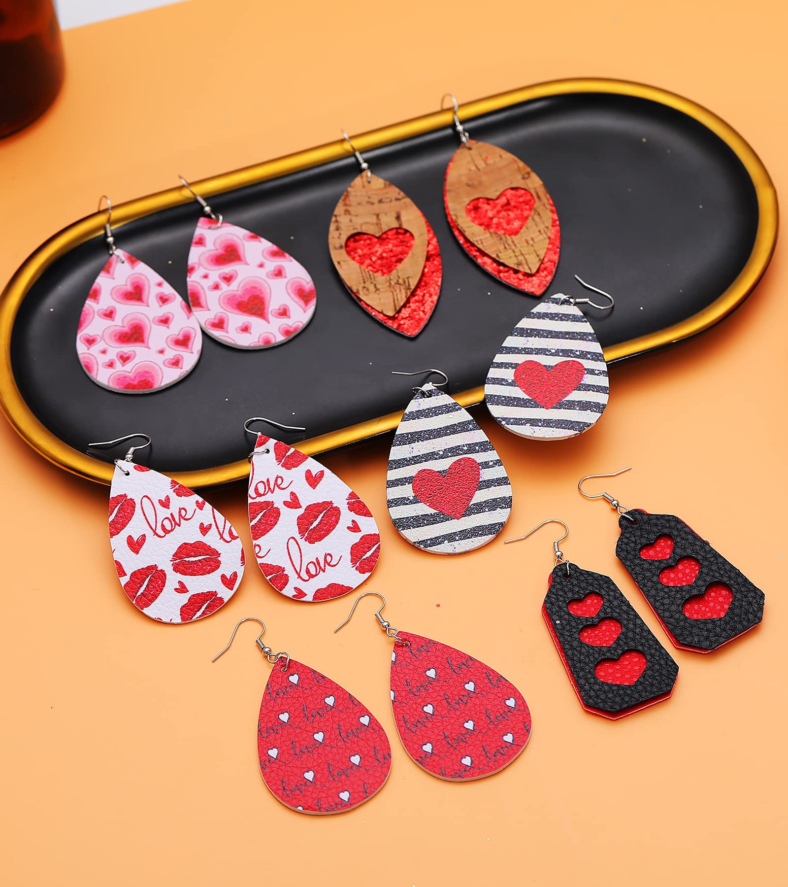 Honsny 20 Pairs Valentine's Day Faux Leather Earrings Set for Women Lightweight Teardrop Dangle Earrings Heart Stiped Water Drop Earrings