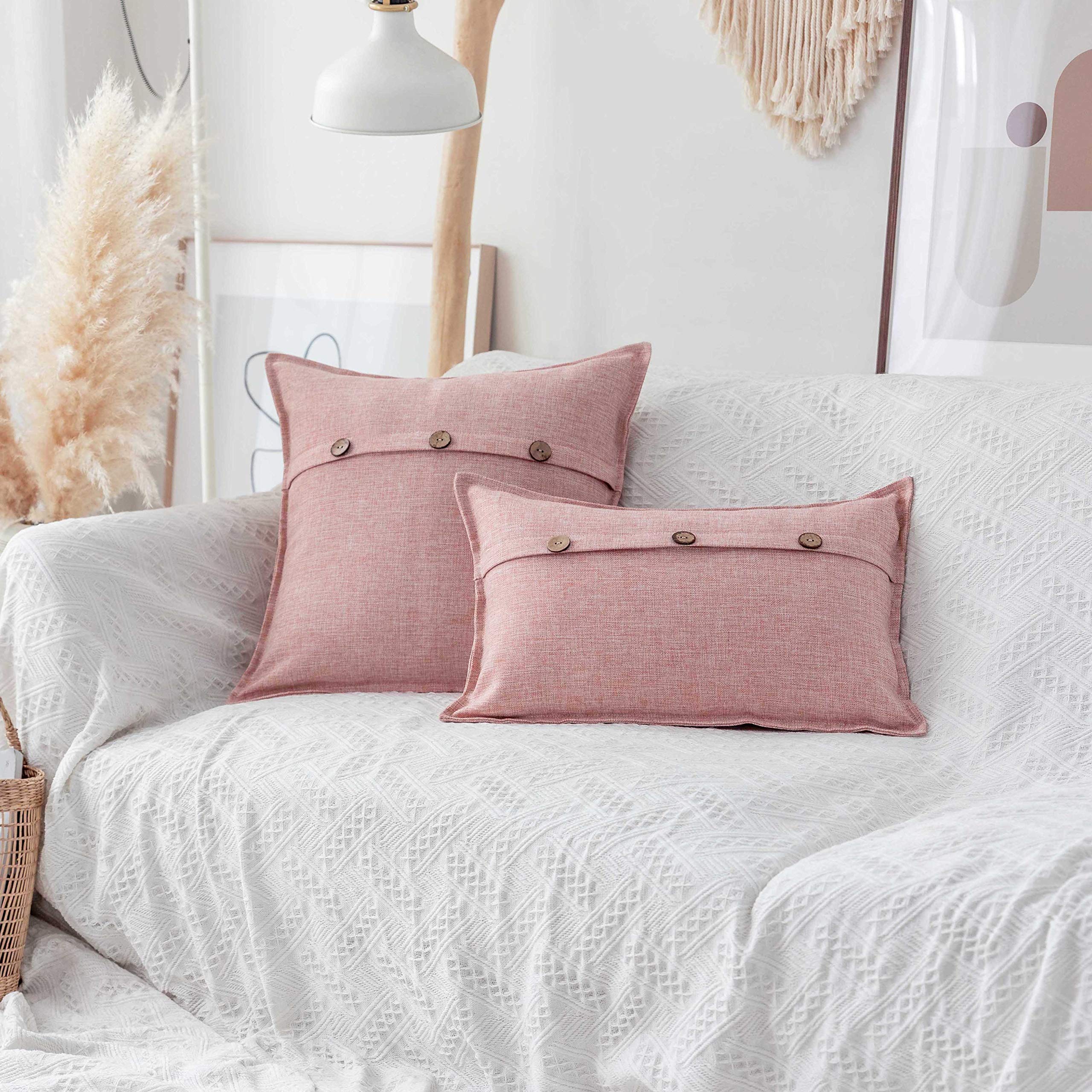 Home Brilliant Decorative Throw Pillow Covers 18 x 18 Farmhouse Rustic Button Lined Linen Throw Pillows for Couch, Set of 2, 18x18 inch(45x45cm), Light Grey