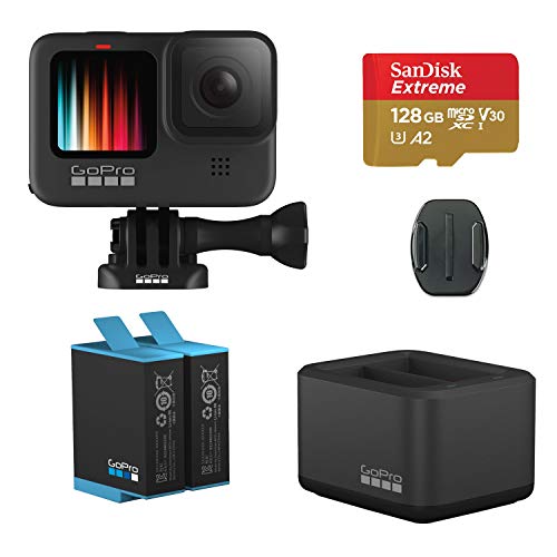 GoPro HERO9 Black Action Camera with GoPro Dual Battery Charger + Battery for HERO9 Black & 128GB Micro-SD Card