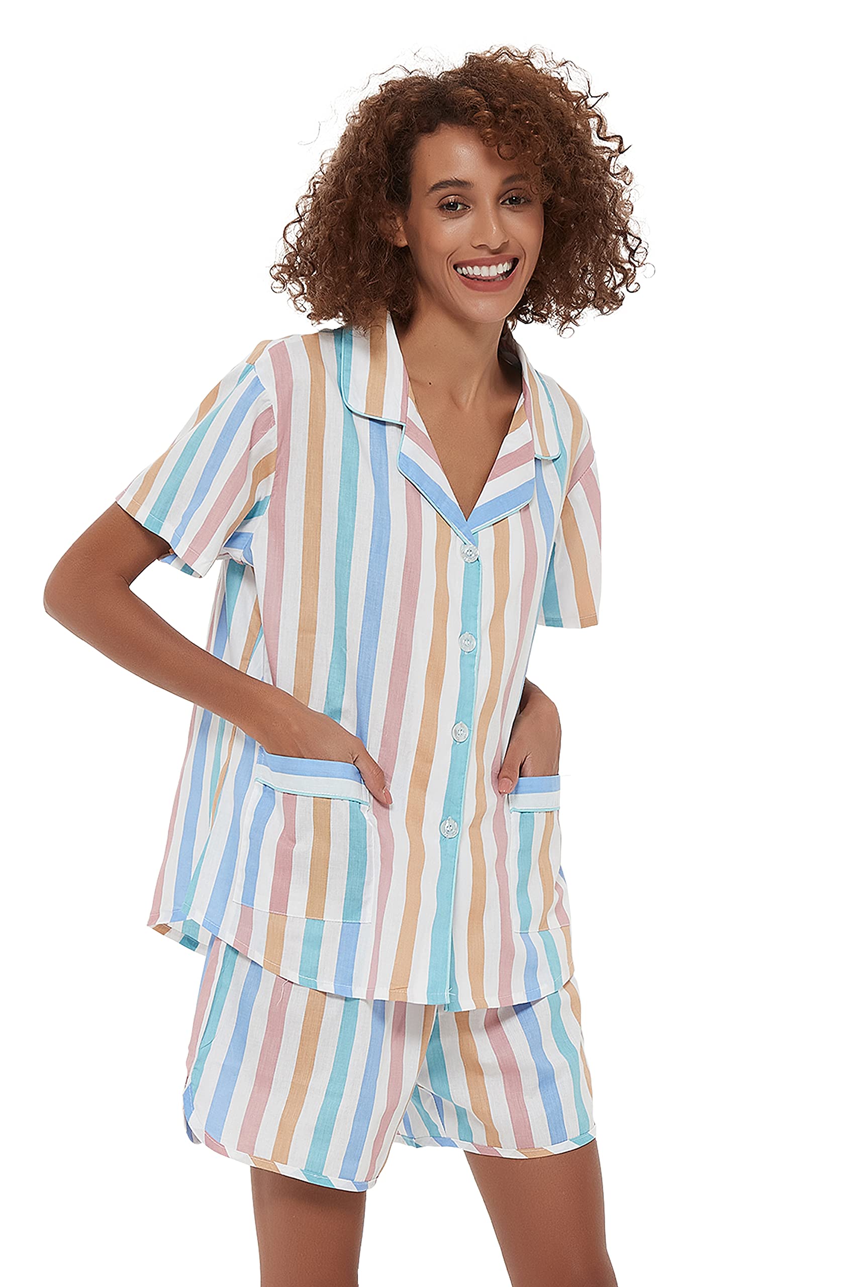 GLOBAL Womens Pajama Set Short Sleeve PJs for Women cotton Pajamas Summer Sleepwear