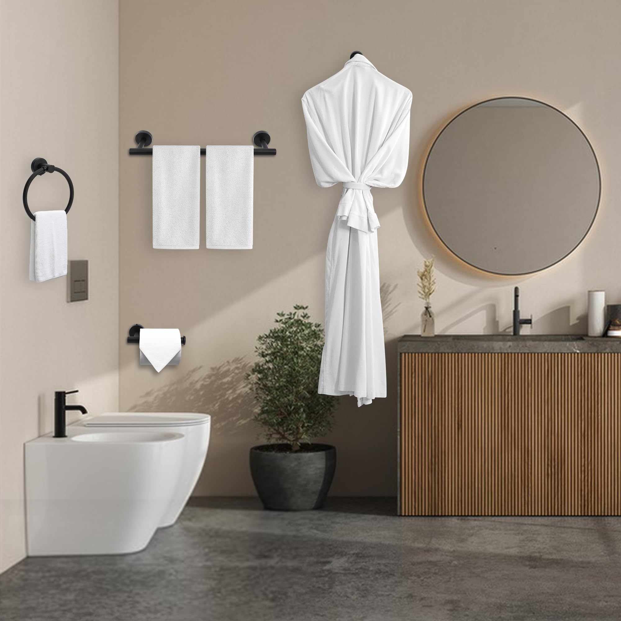 HAKJHAA Bathroom Hardware Set 4 Pieces - SUS 304 Stainless Steel Towel Rack Set - Includes 16In Towel Bar, Toilet Paper Holder, Towel Ring, Robe Towel Hooks - Wall Mounted Black