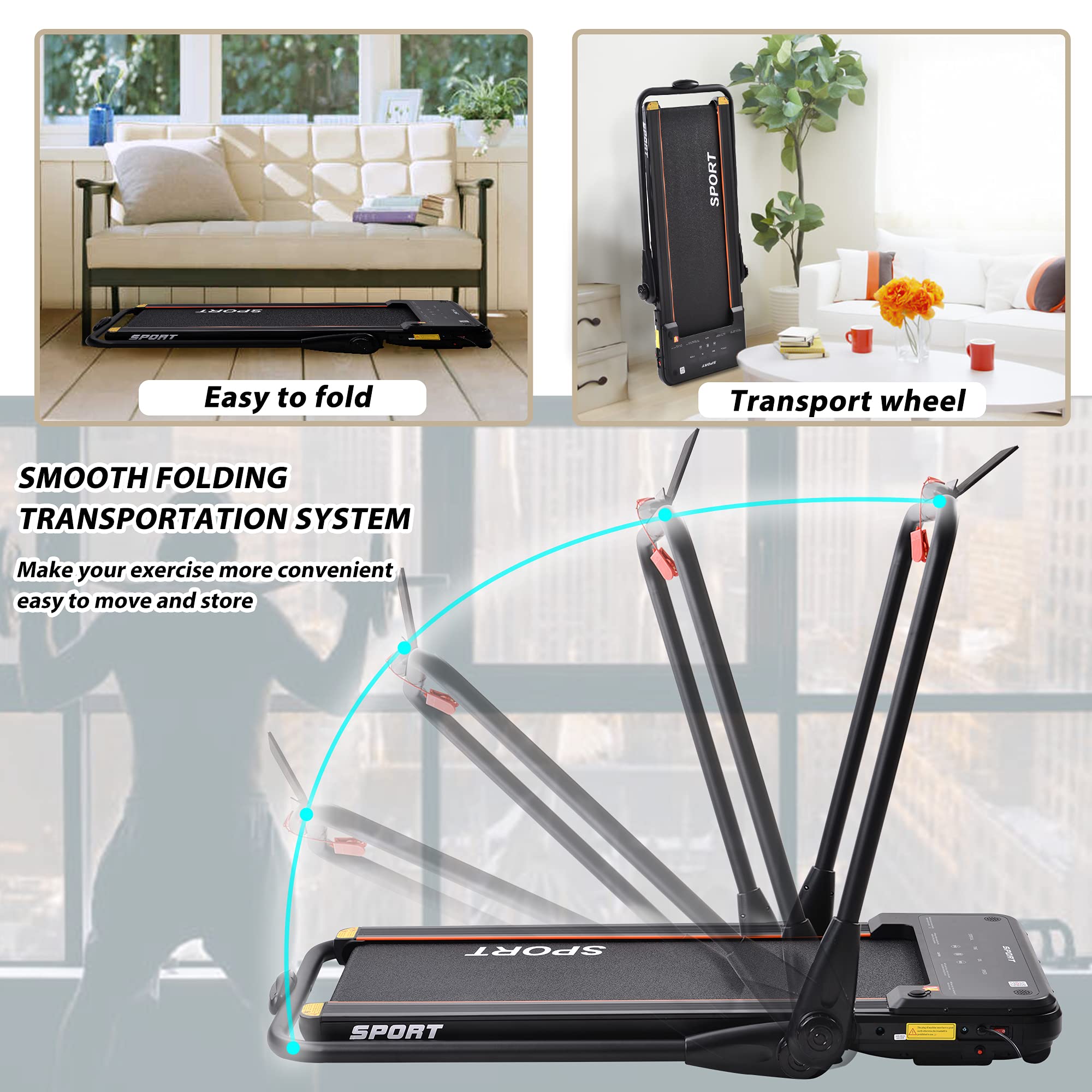 Home Folding Walking Running Treadmill,JULYFOX 2.5 hp Electric Motorized Quiet Under Desk Walking Machine 2 in 1 Ultra Slim Home Exercise Machine Black