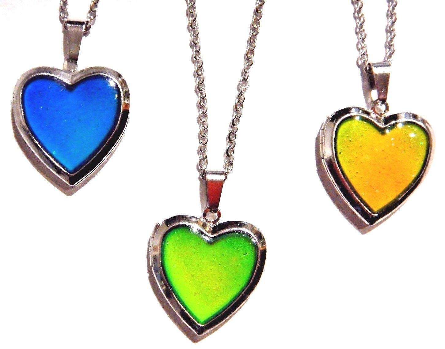 Glitter Heart Locket Mood Pendant on Silvertone Chain Necklace Color-Changing thermochromic