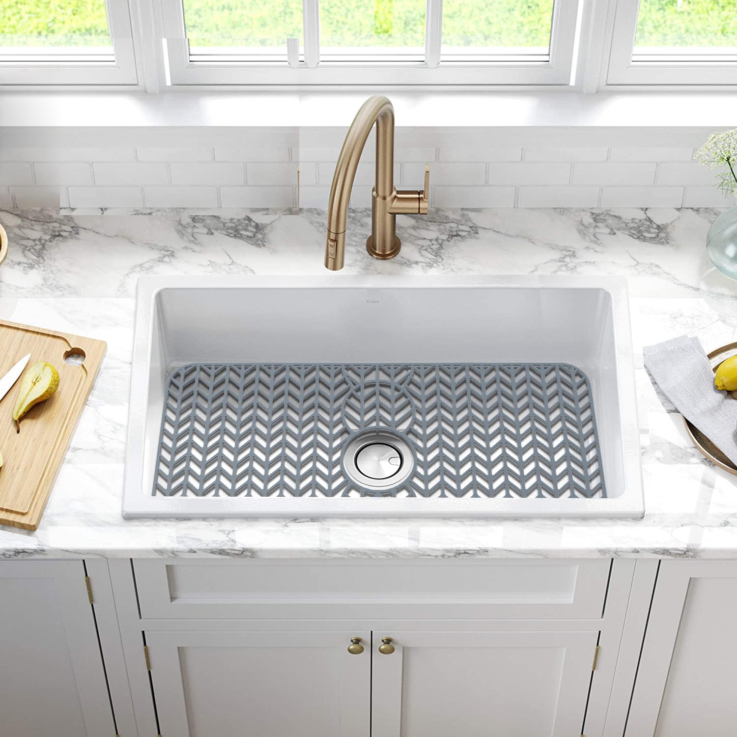 GUUKIN Sink Protectors for Kitchen Sink - 29"x 15.35" Silicone Kitchen Sink Mat Grid for Bottom of Farmhouse Stainless Steel Porcelain Sink with 3 Reserved Holes(Grey)