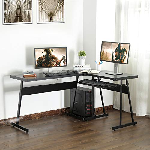 HEEYUE Computer Desk, L-Shaped Large Corner PC Laptop Study Table Workstation Gaming Writing Desk with Keyboard Tray for Home Office - Free CPU Stand - Wood & Metal - Black Wood Grain