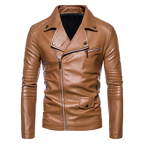 Maiyifu-GJ Men's PU Leather Jacket Vintage Asymmetric Zip Motorcycle Jacket Casual Lightweight Faux Leather Biker Coat (Yellow,3X-Large)