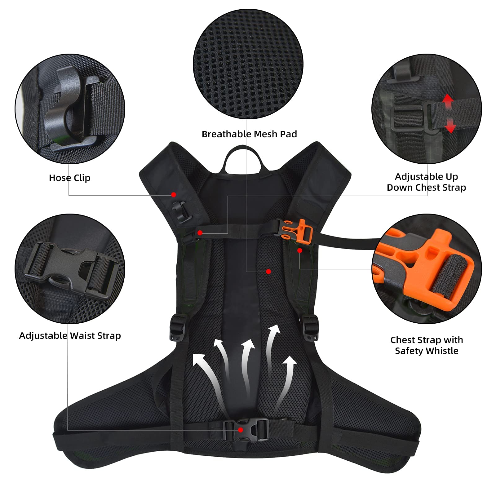 HIKPEED Hydration Backpack with 2L Water Bladder, Lightweight Water Backpack for Hiking, Hydration Pack for Running Cycling Biking Rave Festival, for Women and Men (Black)