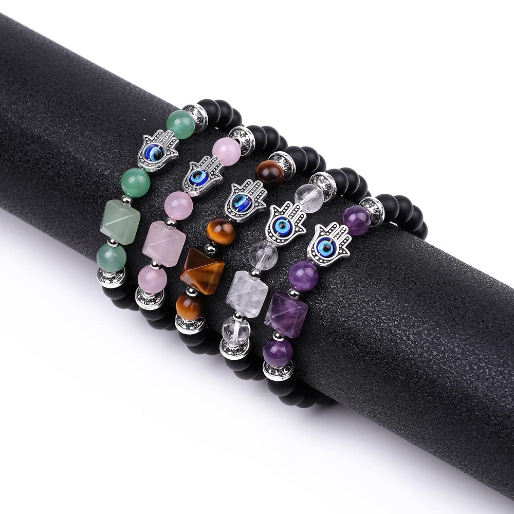 Lmcheny Natural Healing Crystal Stretch Beaded Bracelet, Evil Eye Pyramid Chakra Bracelet Healing Stone Handmade Bracelet for Women (Obsidian)