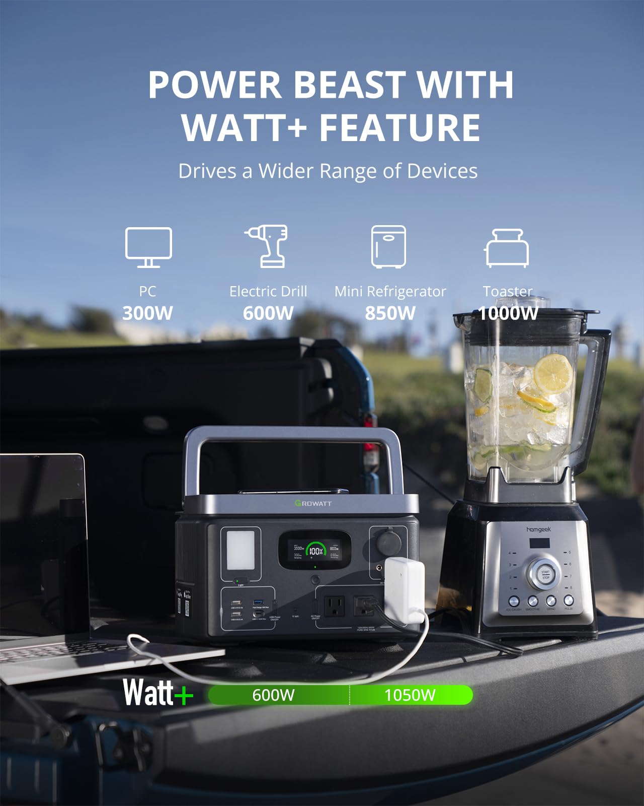 GROWATT Solar Generator VITA 550 Portable Power Station with 200W Solar Panel, UP to 1050W Output, 538Wh LiFePO4 Battery, Fast Solar Charging, Solar Powered Generator for Outdoor Camping/RV/Home Use