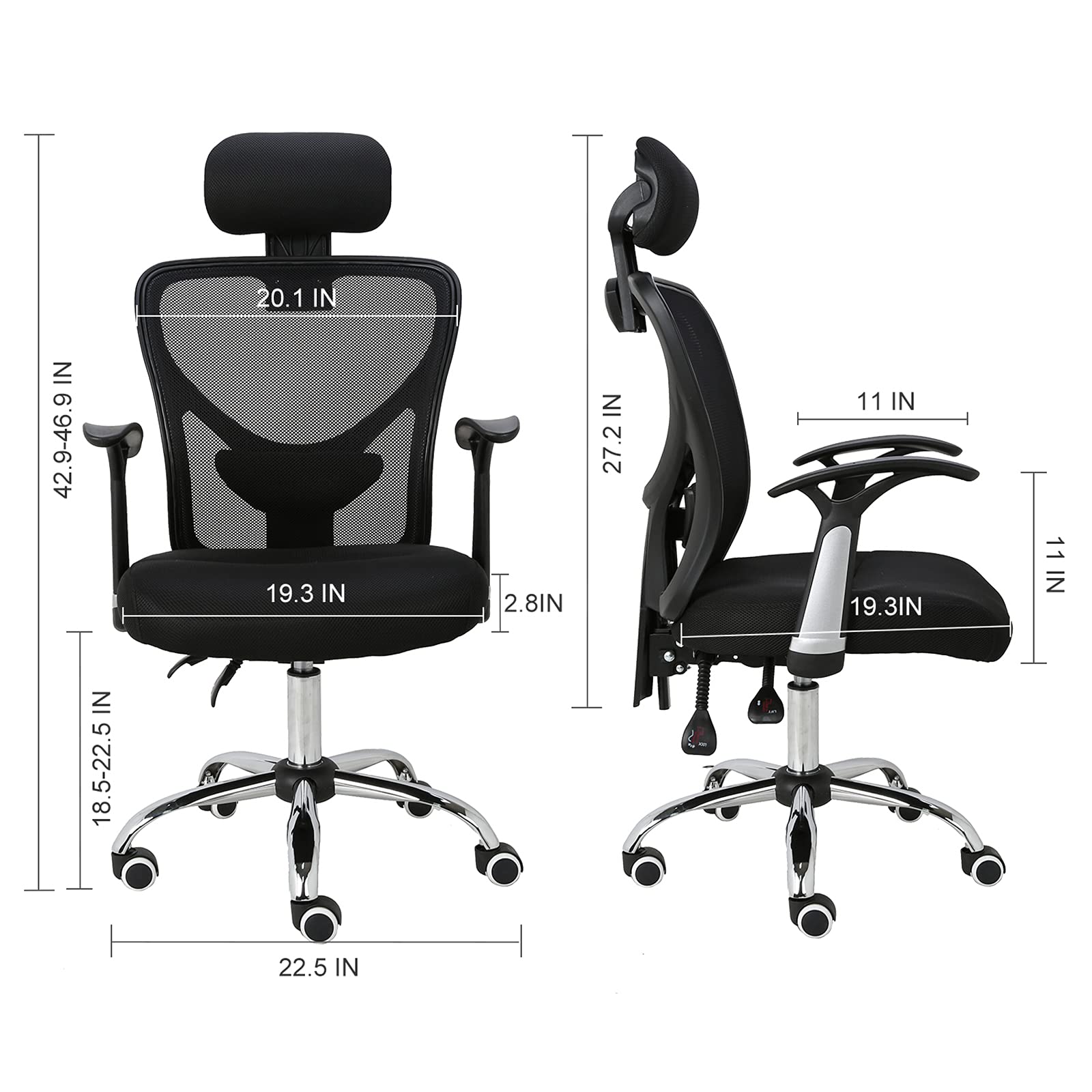 HOMEFUN Ergonomic Mesh Office Chair, Adjustable Computer Desk Chair with Headrest Comfortable Backrest Task Chair Swivel Rolling Chair, Black