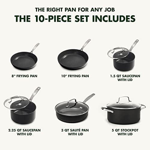 GreenPan SearSmart Hard Anodized Healthy Ceramic Nonstick 10 Piece Cookware Pots and Pans Set, PFAS-Free, Textured Surface, Dishwasher Safe, Oven Safe, Black