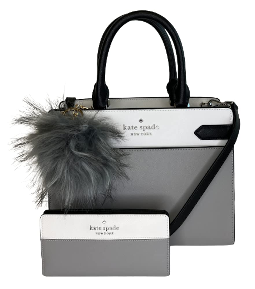 Kate Spade MD Satchel bundled with Bifold Wallet & Fur Pom (Nimbus Grey Colorblock)