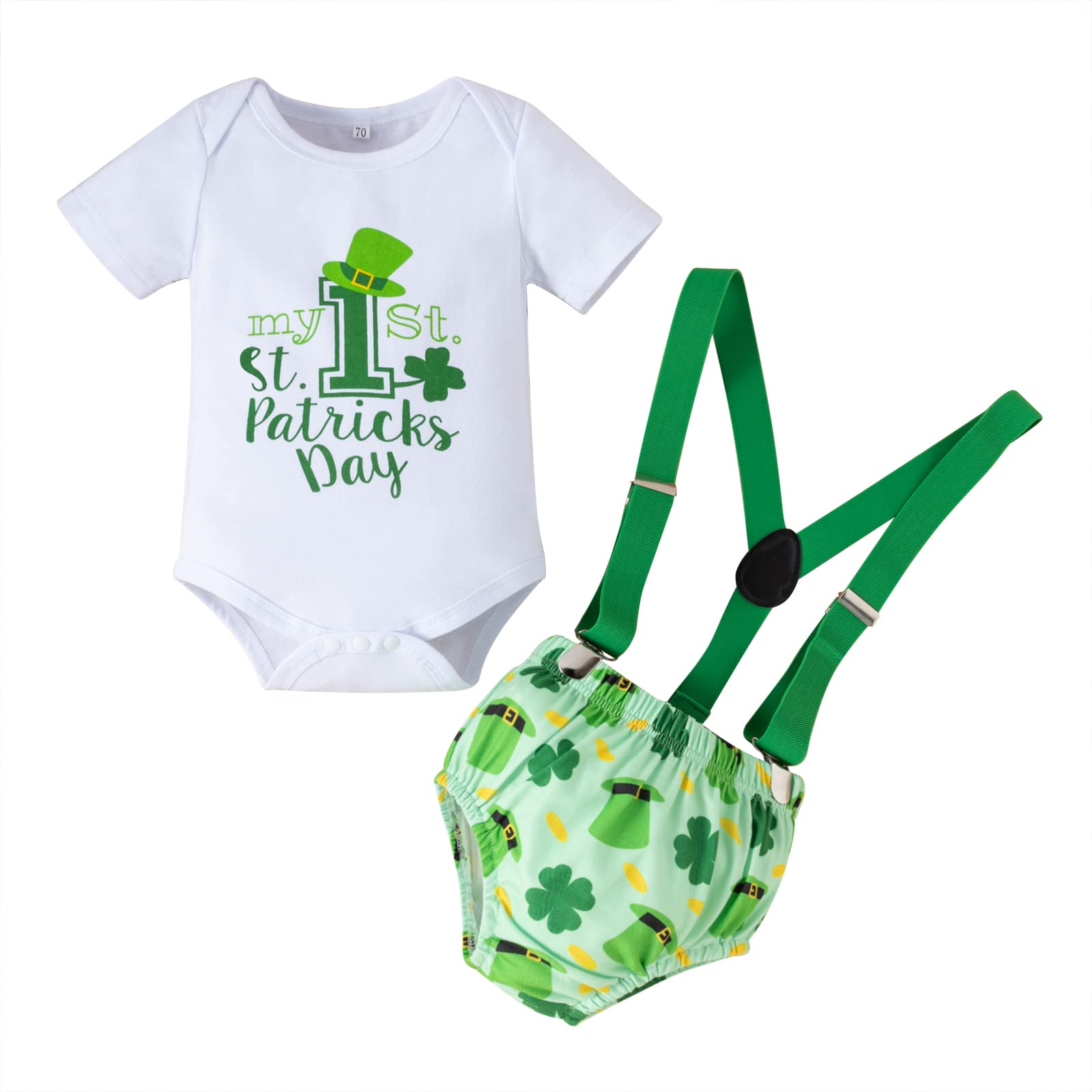 Xiaodriceee Newborn Baby Boy My 1st St. Patrick's Day Outfit Short Sleeve Romper Clover Print Suspender Shorts 2Pcs Set (Green, 3-6 Months)