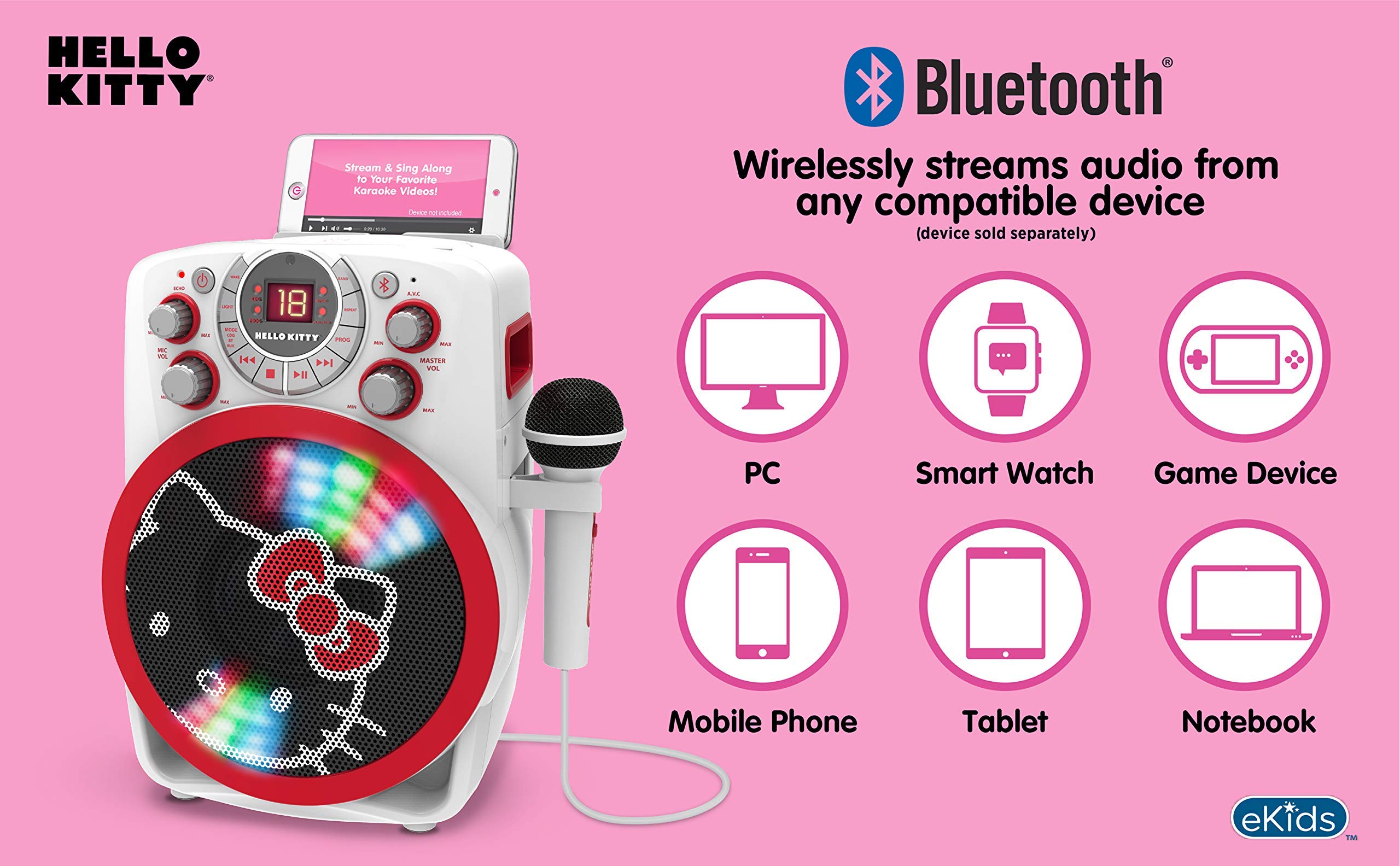 Hello Kitty Bluetooth CDG Karaoke Machine with LED Disco Party Lights, Built in Microphone for Kids, Portable Bluetooth Speaker, AVC, CDG Disks, Compatible with Samsung Apple Tablets MP3 and TV