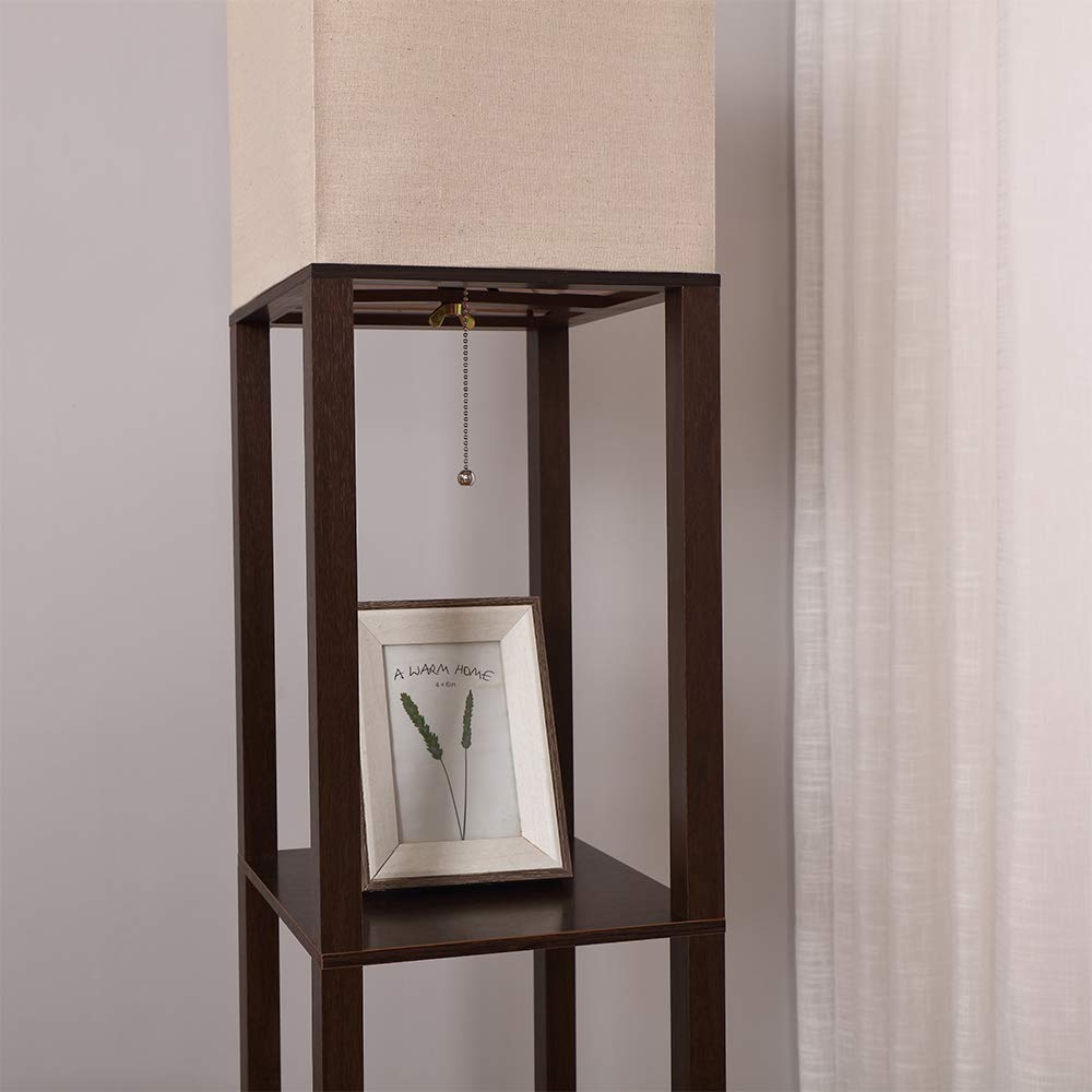 HomeFocus - Floor Lamp,Shelf Floor Lamp with LED Bulb,Corner Display Floor Lamp for Living Room,Bedroom and Office,Linen White Shade,Wood,Brown.