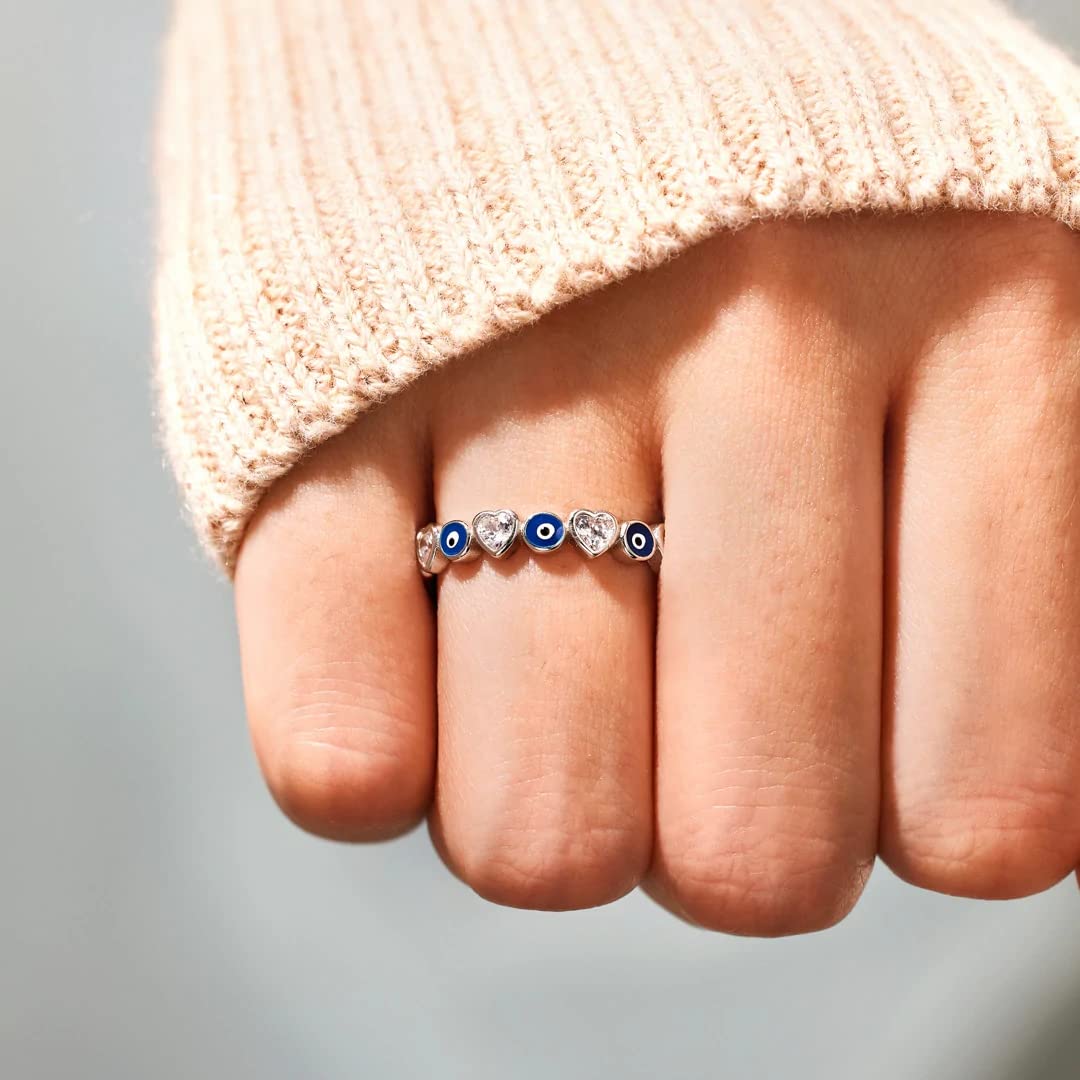 Koufeil Always Protected Heart&Evil Eye Ring Band, 925 Sterling Silver Evil Eye Rings for Women, Minimalist Blue Evil Eyes Ring Lucky Jewelry Gifts (8)