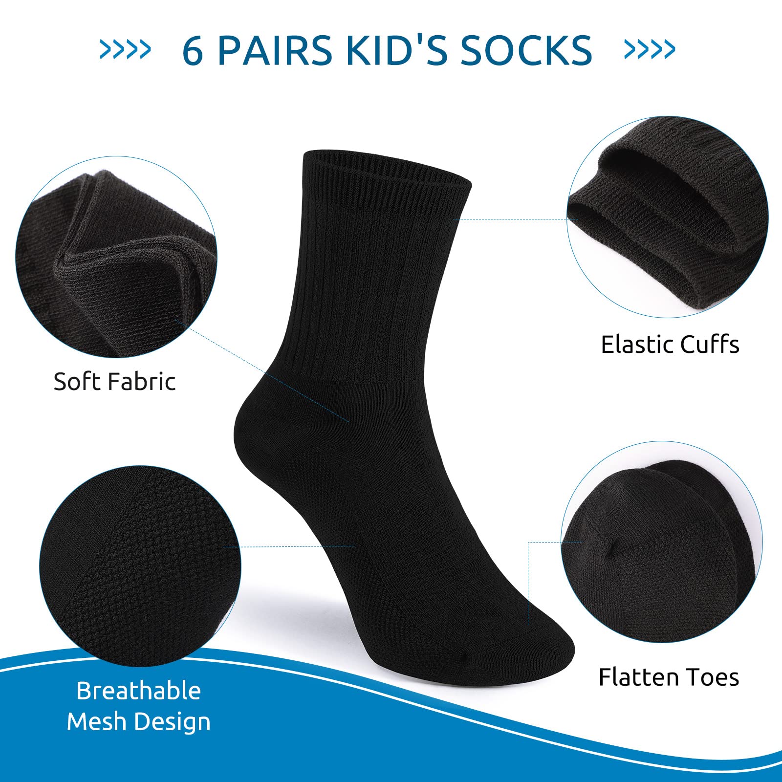 KEREDA Boys Girls Cushioned Crew Socks Athletic Training Socks for Active Kids 6 Pairs 7-10 Years Black