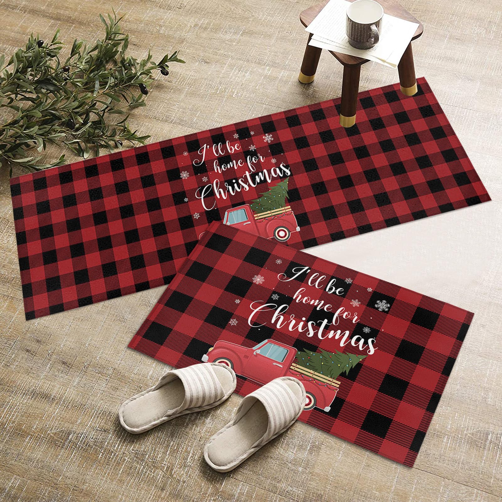 LooPoP Kitchen Rugs and Mats Sets of 2 Christmas Non-Slip Rubber Backing Area Rugs Washable Runner Carpets for Floor, Kitchen Truck Tree Snowflake Red Blank Lattice 15.7x23.6+15.7x47.2inch
