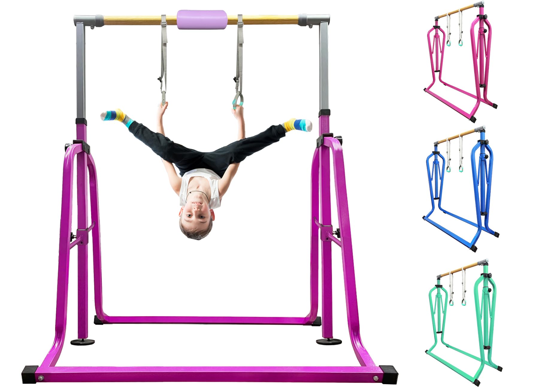 kechery Foldable & Moveable Gymnastics Horizontal Bar with Rings,3âto 5âAdjustable Height Expandable Junior Kip Bar for Home,Indoor Gym Equipment for Kids (Foldable Purple with Rings)