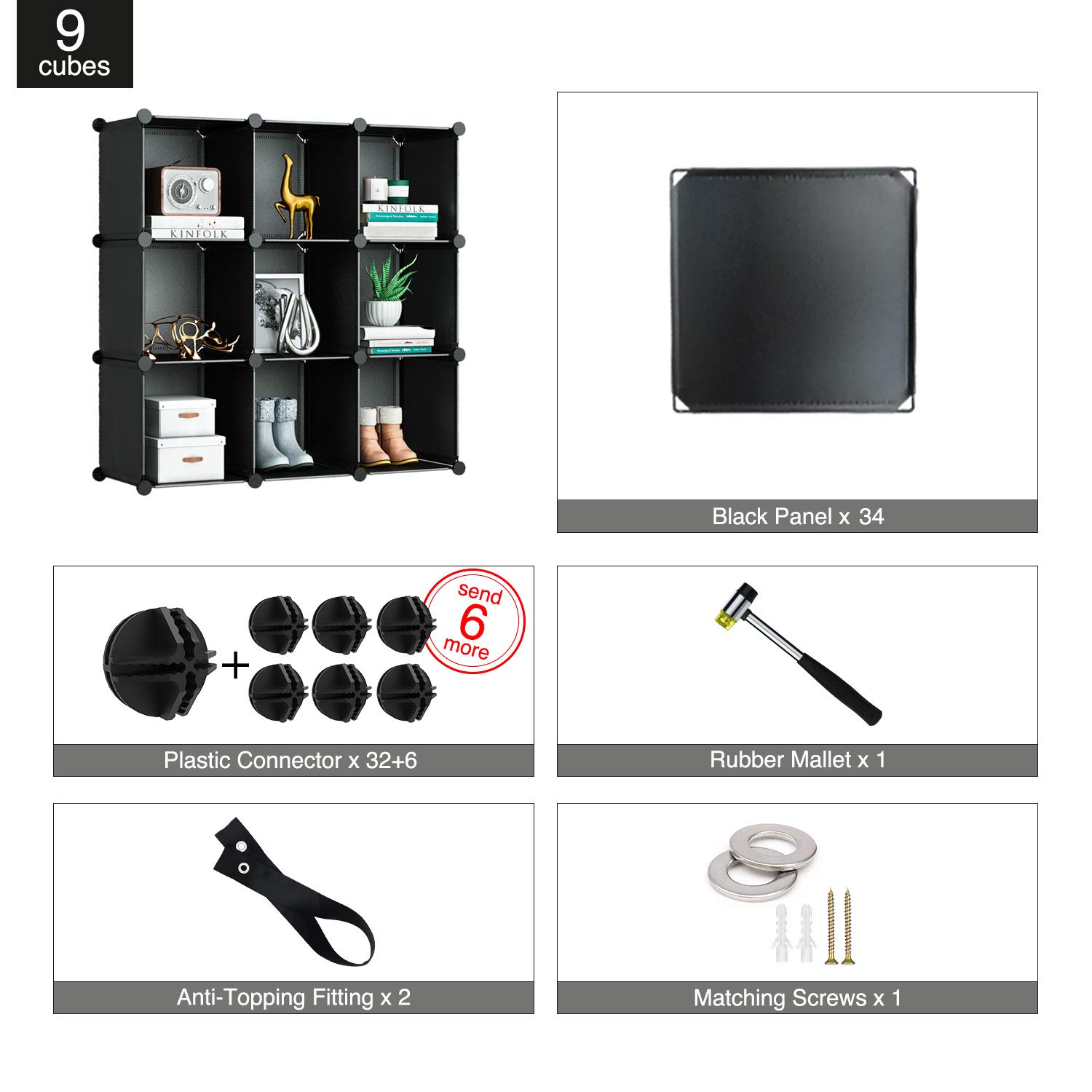 GREENSTELL Cube Storage Organizer, 9-Cube Closet Organizer, DIY Plastic Storage Cubes Organizer, Modular Storage Cabinet Book Shelf Shelving for Bedroom, Living Room, Office Black