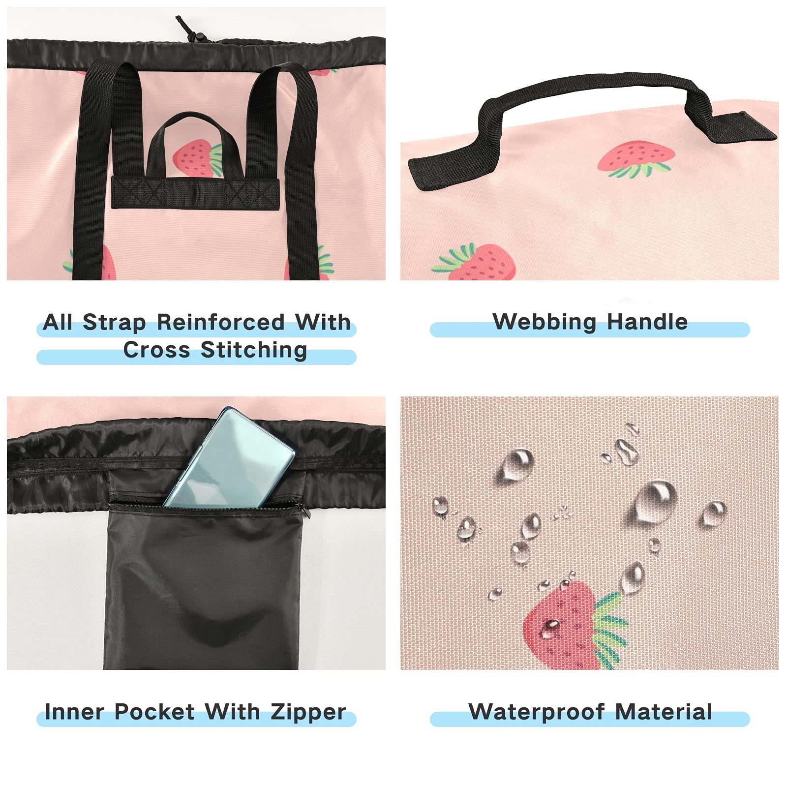 xigua Pink Strawberry Laundry Backpack Bag, Extra Large Laundry Bag with Straps, Portable Backpack Laundry Bag for College Dorm, Apartment, Laundromat