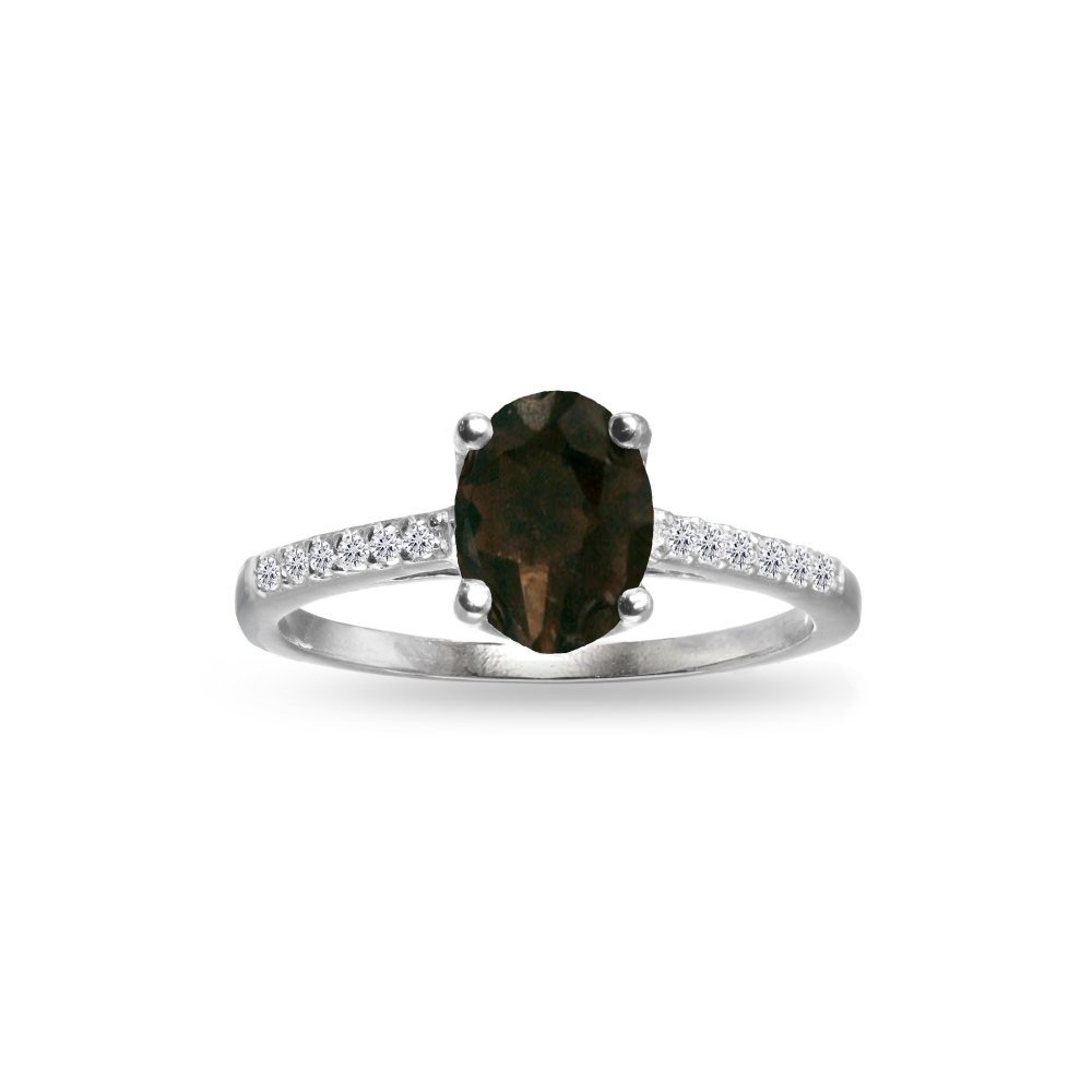 GemStar USA Sterling Silver Smoky Quartz and White Topaz Oval Crown Ring, Size 7
