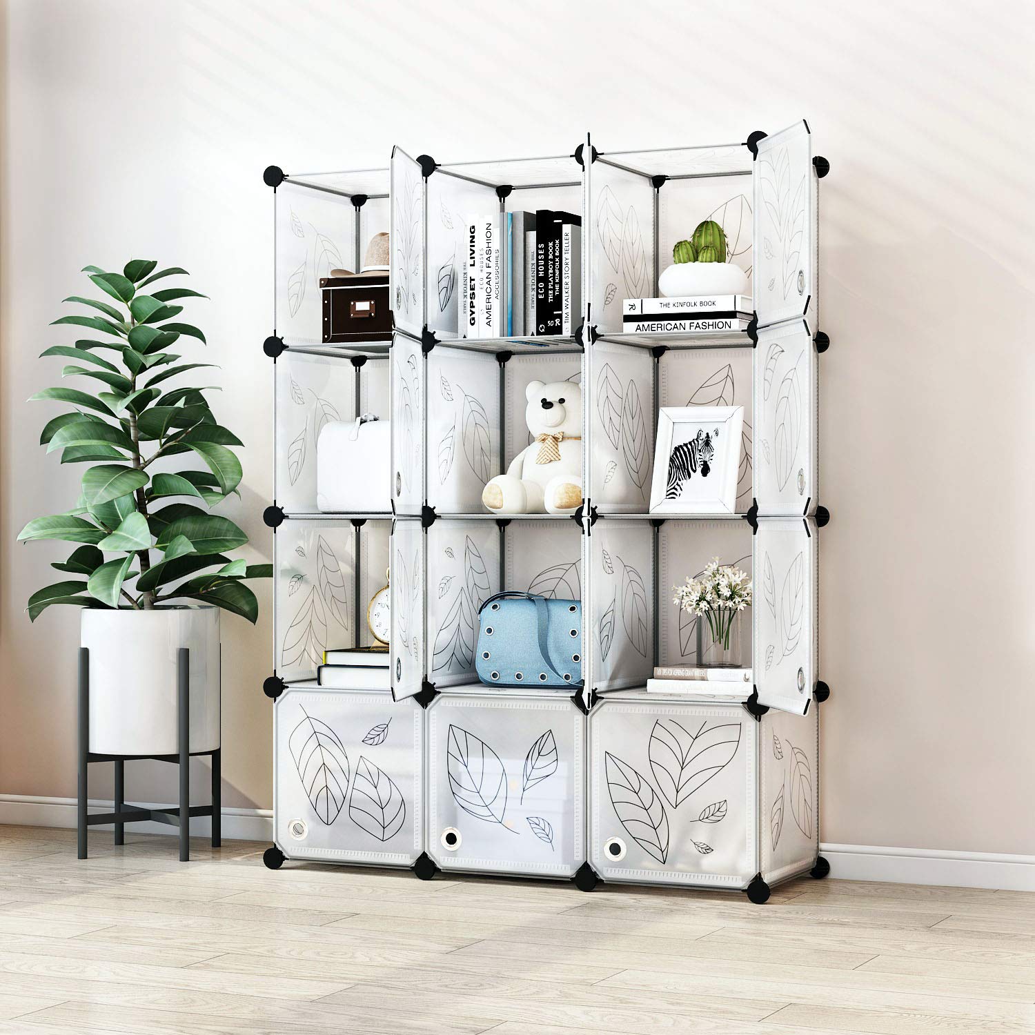 GREENSTELL Cube Storage Organizer, Plastic Closet Organizer with Doors, 12-Cube DIY Storage Cubes Organizer, Modular Storage Cabinet Book Shelf Shelving for Bedroom, Living Room, Office White