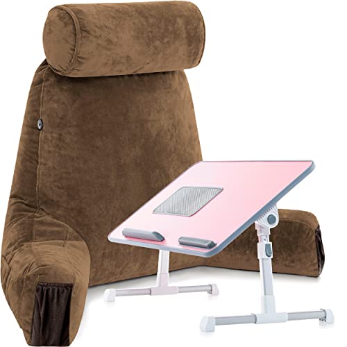 Husband Pillow Combo - Backrest Pillow with Arms : Medium Chocolate & Lap Desk Bed Tray : Pink - Memory Foam Reading Pillows for Bed w/Removable Neck Roll & Laptop Bed Tray Table