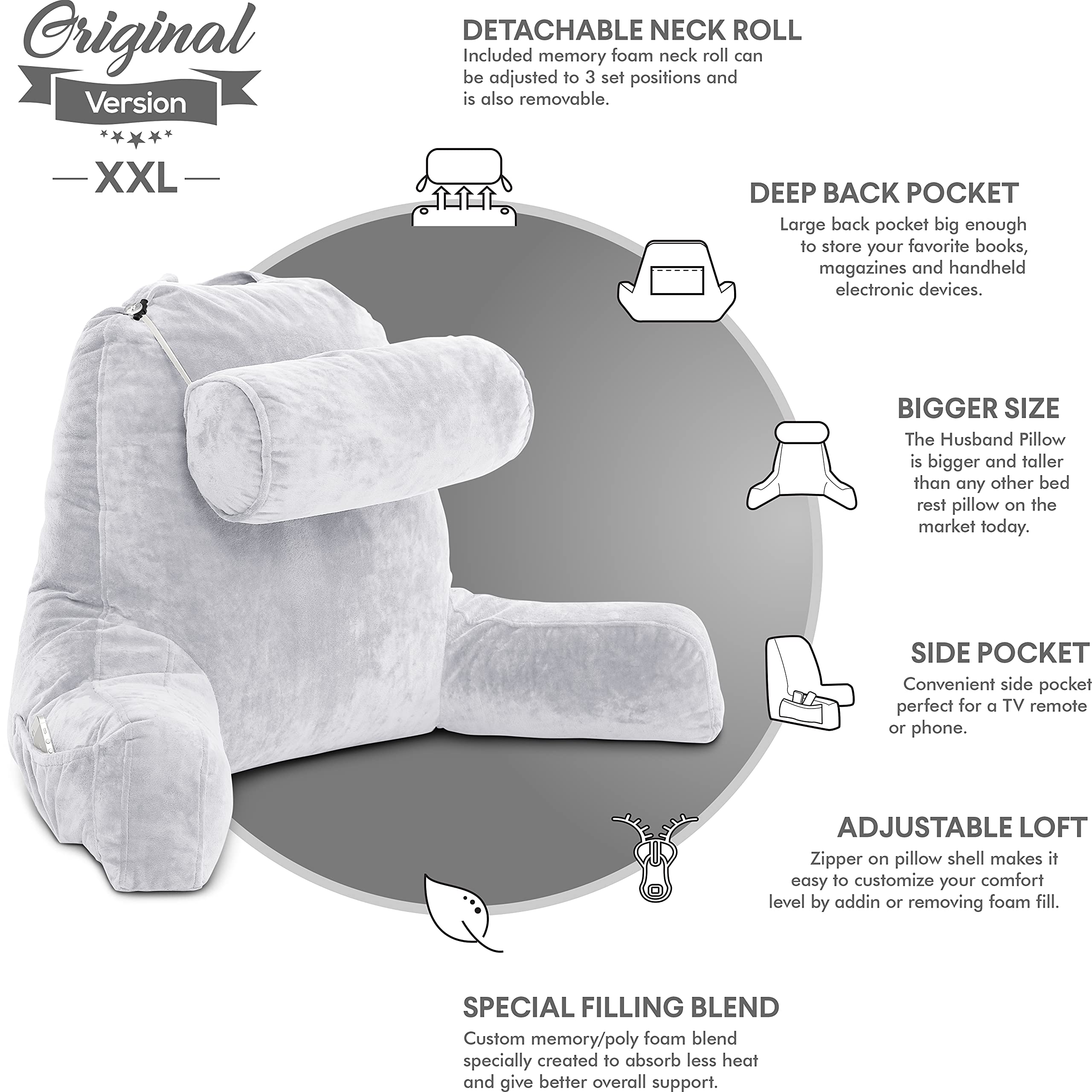 Husband Pillow Combo - Backrest Pillow with Arms : XXL Light Grey & Lap Desk Bed Tray : Grey - Memory Foam Reading Pillows for Bed w/Removable Neck Roll & Laptop Bed Tray Table
