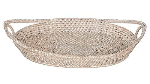 KOUBOO La Jolla Oval Rattan Tray with Looped Handles, White-Wash, Large