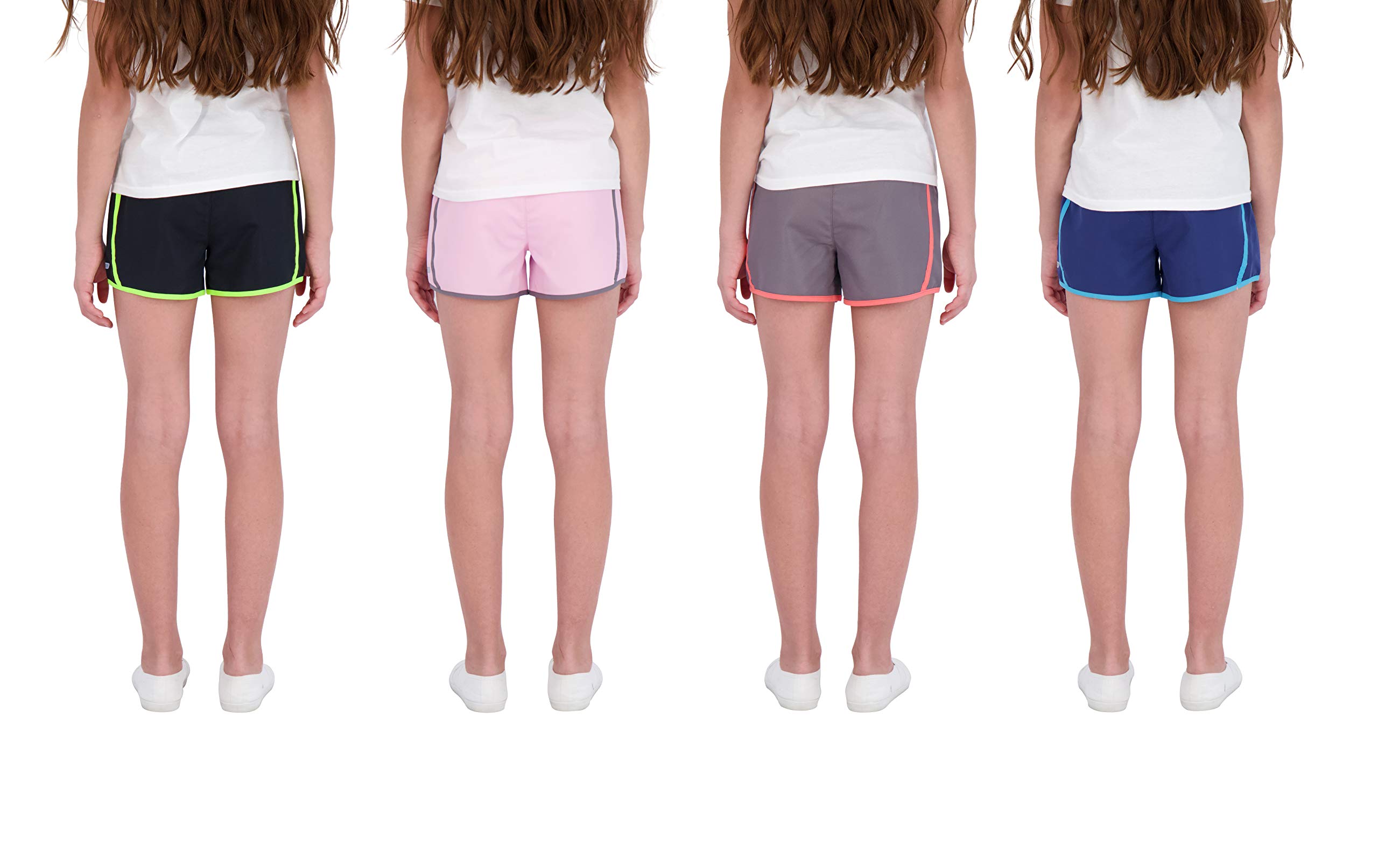 Hind Kids Girls 4-Pack Athletic and Running Activewear Shorts (Black-Blue-Gray-Lilac, 7-8)