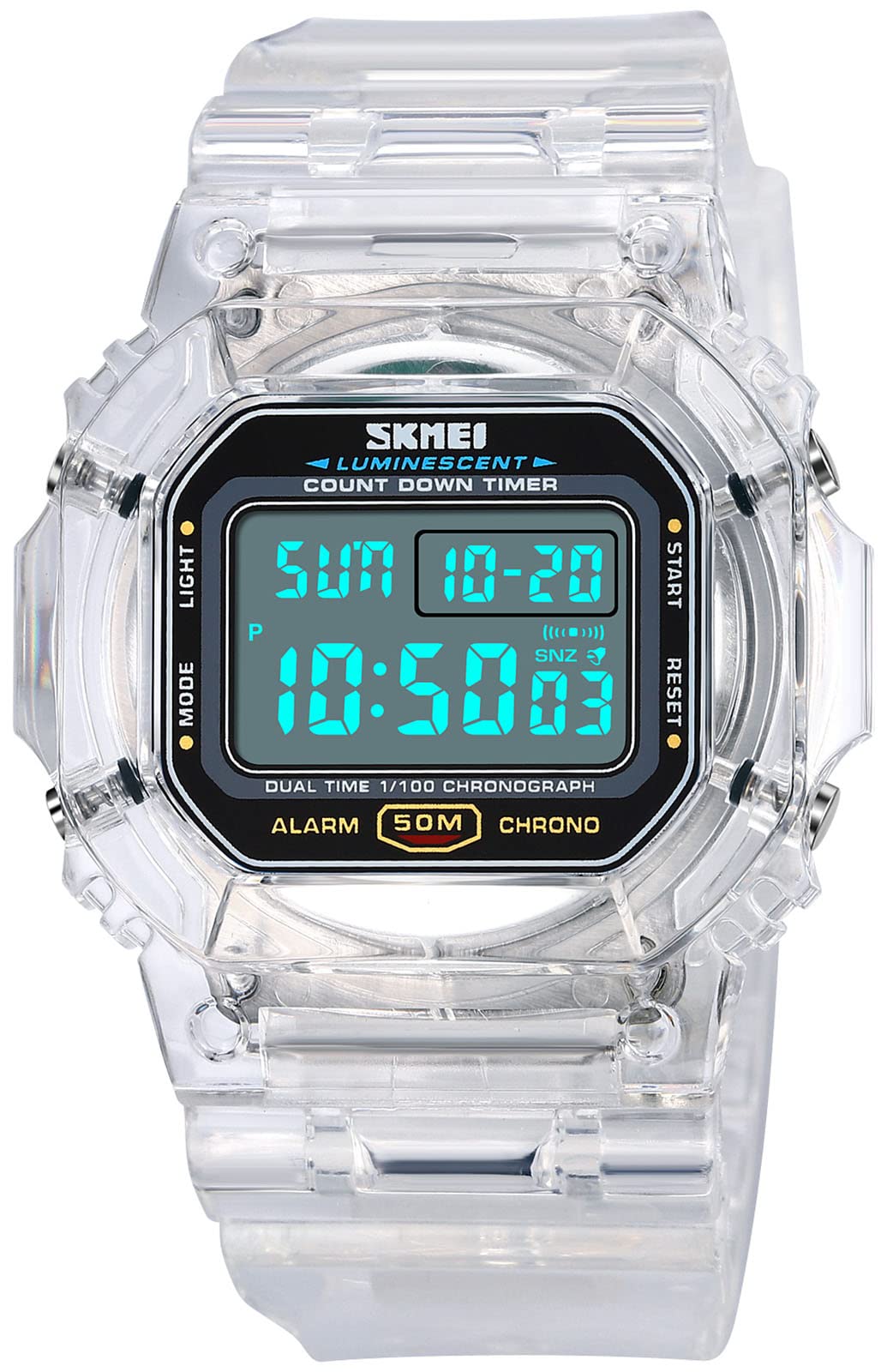 Gosasa Women's Men Youth Square Full Transparent Digital Watch Chronograph Countdown Dual Time Waterproof Watch