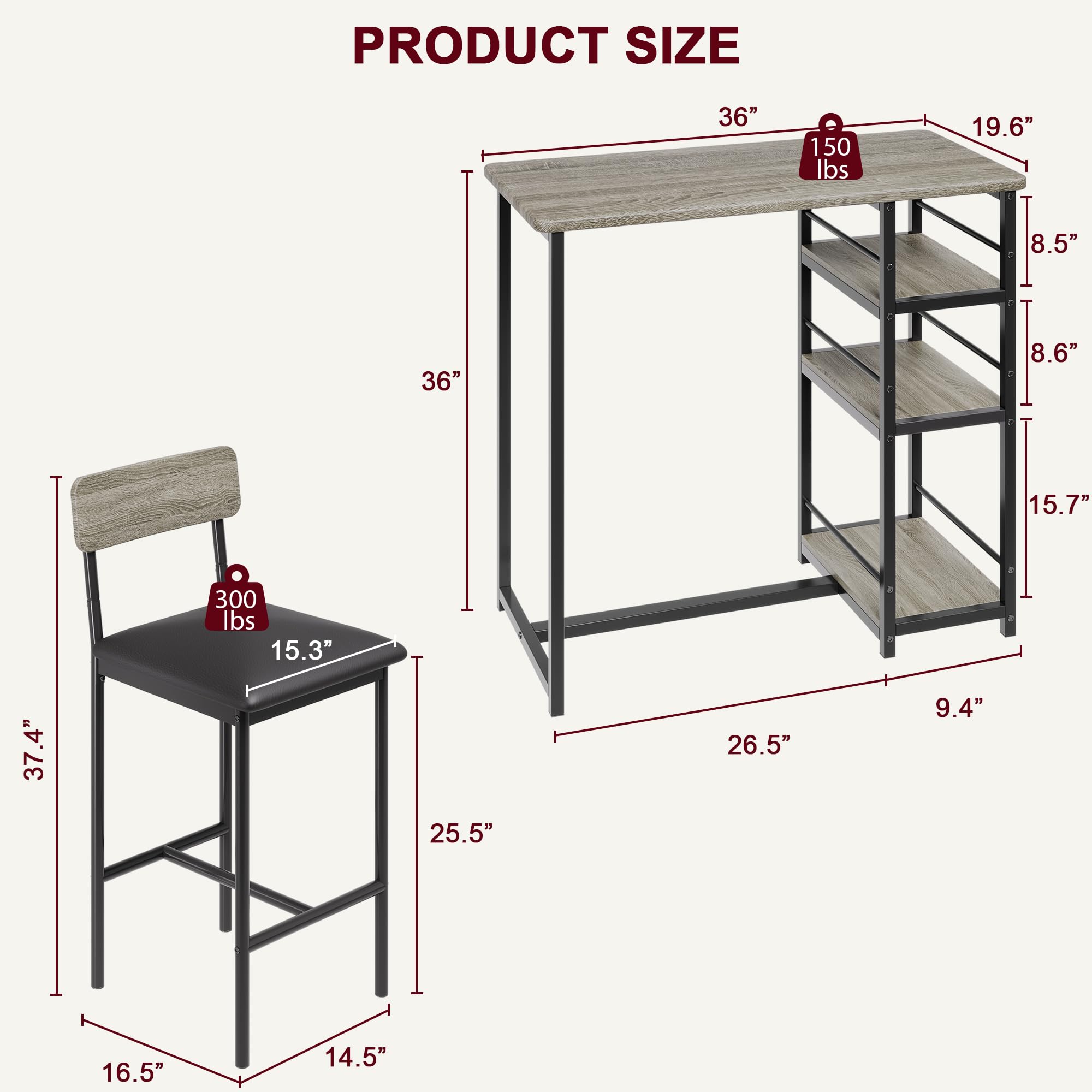GAOMON Dining Table Set for 2, Kitchen Table and Chairs for 2 with Upholstered Chairs, 3 Piece Counter Height Bar Kitchen Table Set with 3 Storage Shelves for Small Space, Apartment, Rustic Gray