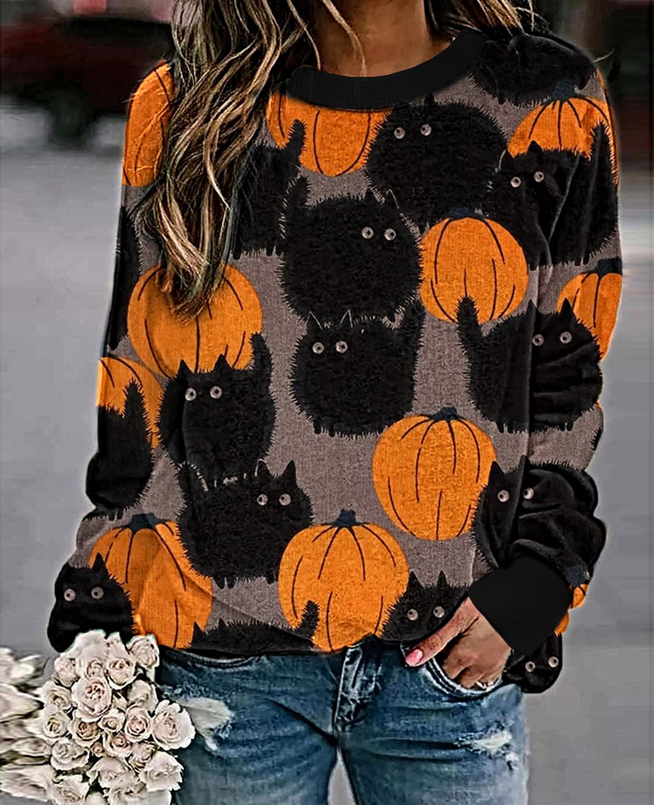 Halloween Womens Sweatshirt Printed Pumpkins - Cats Floral Print Round Neck Comfy Shirt Brown L