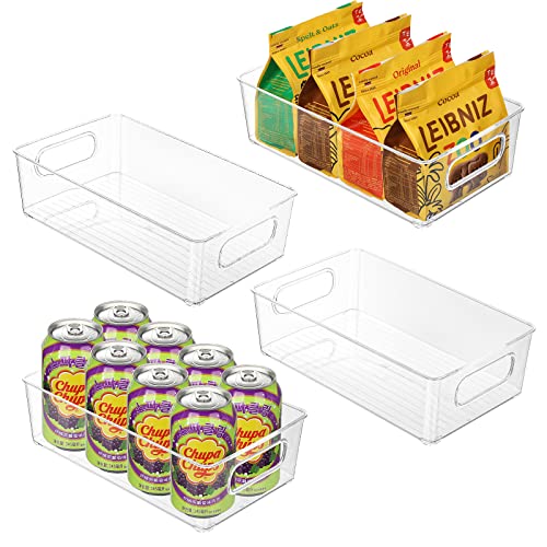Tasmy Set of 4 Refrigerator Organizer Bins - Stackable Fridge Organizers with Handles for Freezer, Kitchen, Countertops, Cabinets - Clear Plastic Pantry Food Storage Rack, BPA Free
